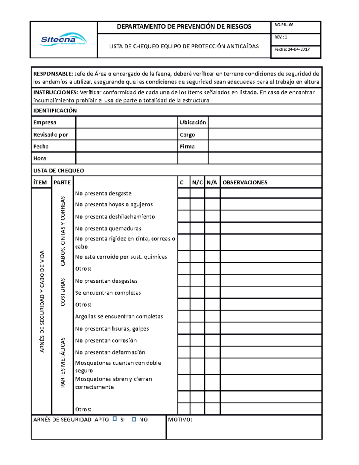 RG-PR 06 Chequeo Anticaida - DEPARTAMENTO DE PREVENCIÓN DE RIESGOS RG ...