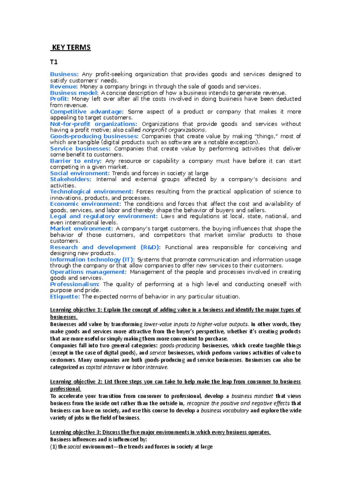 KEY Terms - KEY TERMS T Business: Any profit-seeking organization that ...