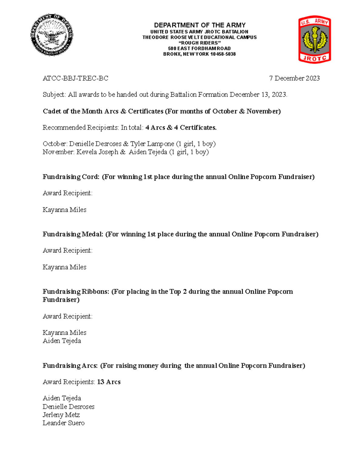 Awards TO BE GIVE FOR Battalion Formation DEC 2023 - DEPARTMENT OF THE ...