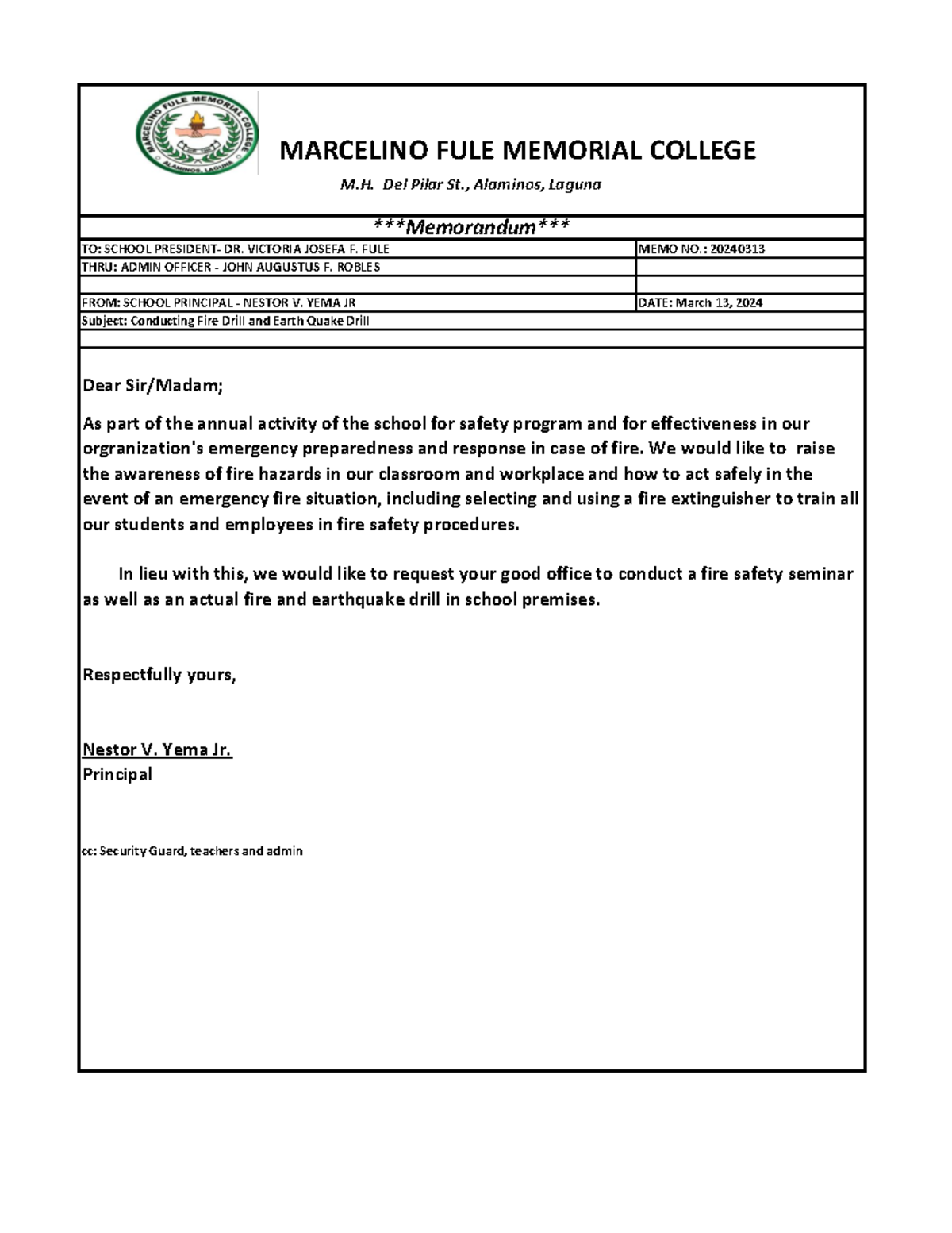 MEMO Template - fire dril program - TO: SCHOOL PRESIDENT- DR. VICTORIA ...