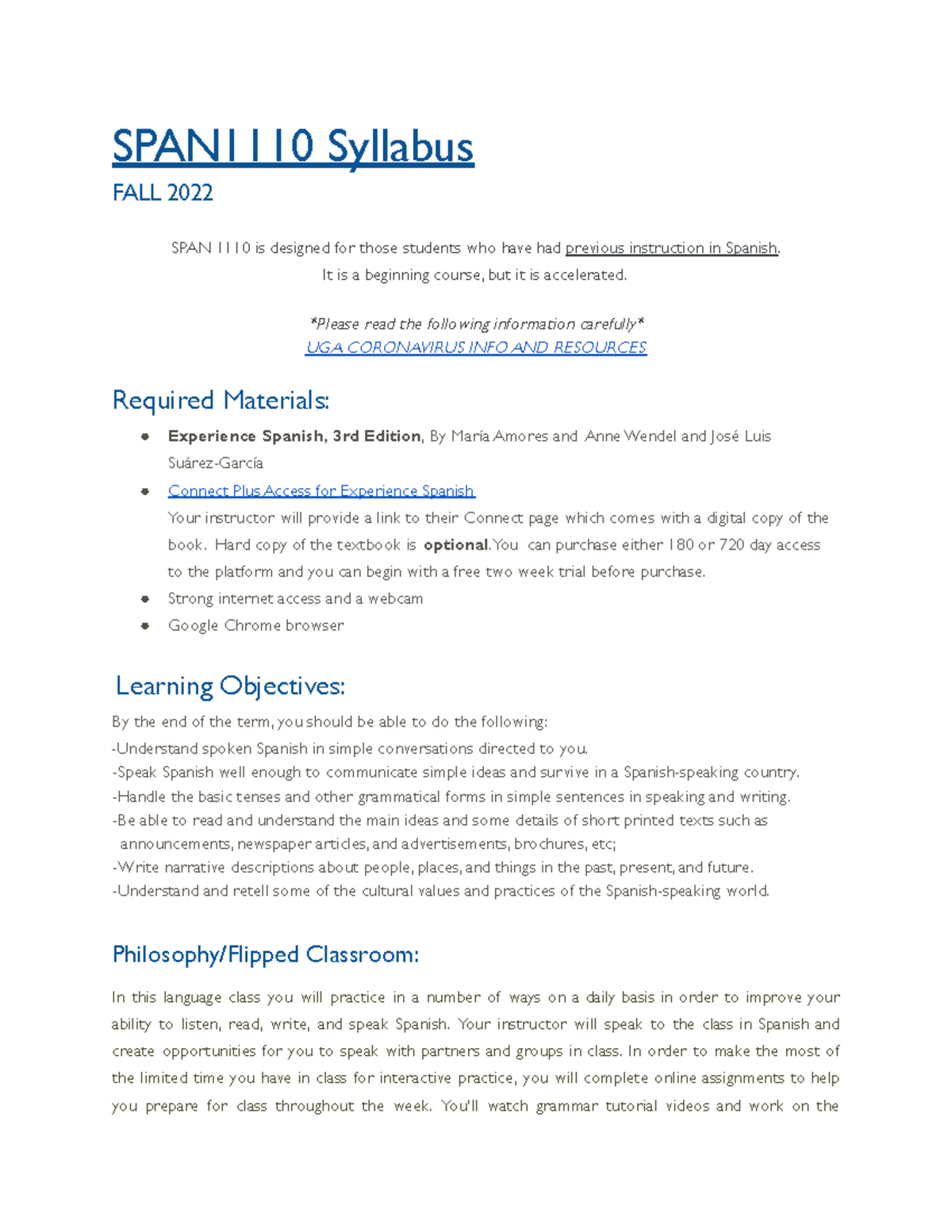 Syllabus SPAN 1110 Fall2022 (Revheim) - SPAN1110 Syllabus FALL 2022 ...