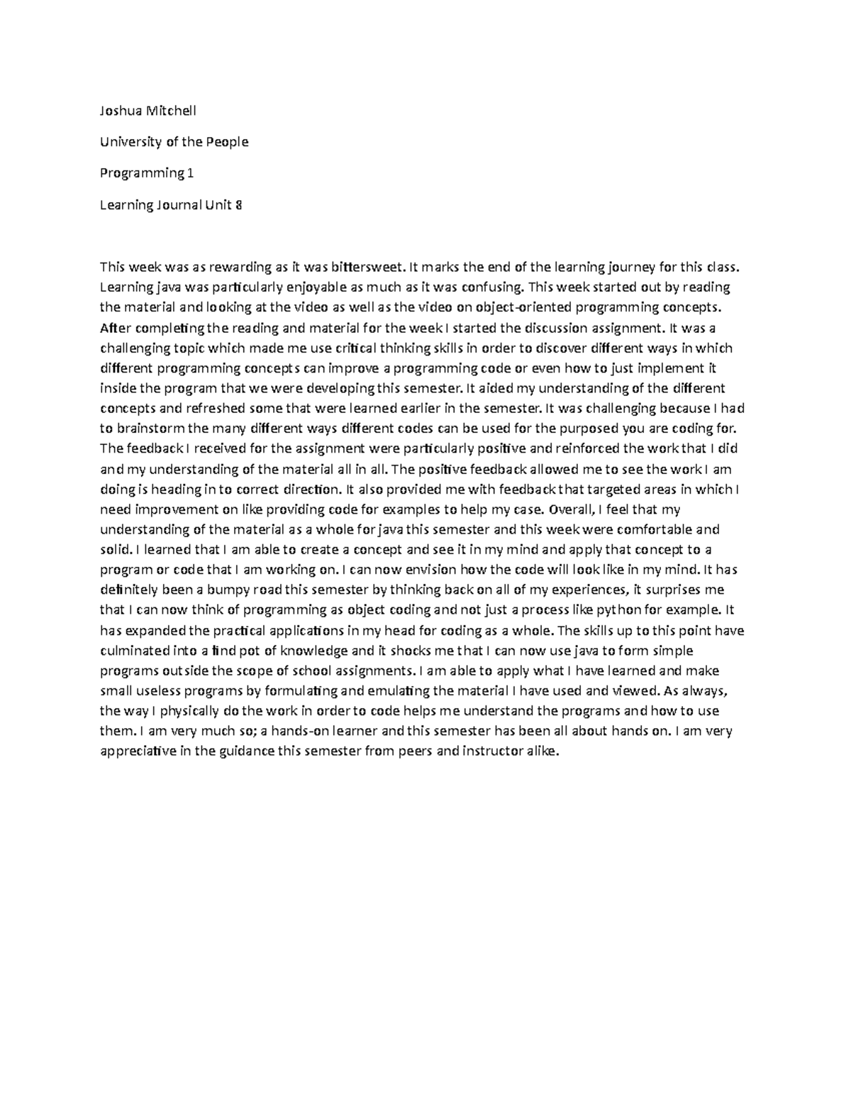 Programming 1 Unit 8 Learning Journal - Joshua Mitchell University of ...