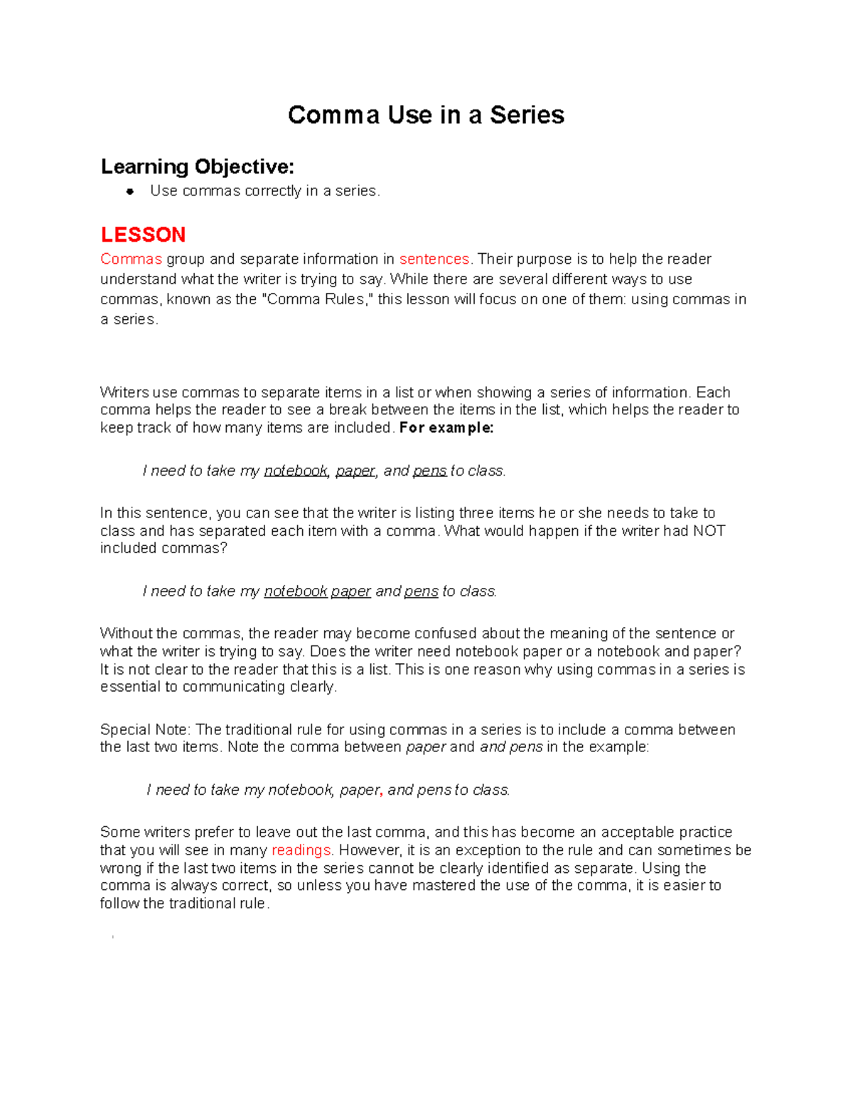 Comma Use in a Series - Comma Use in a Series Learning Objective: Use ...