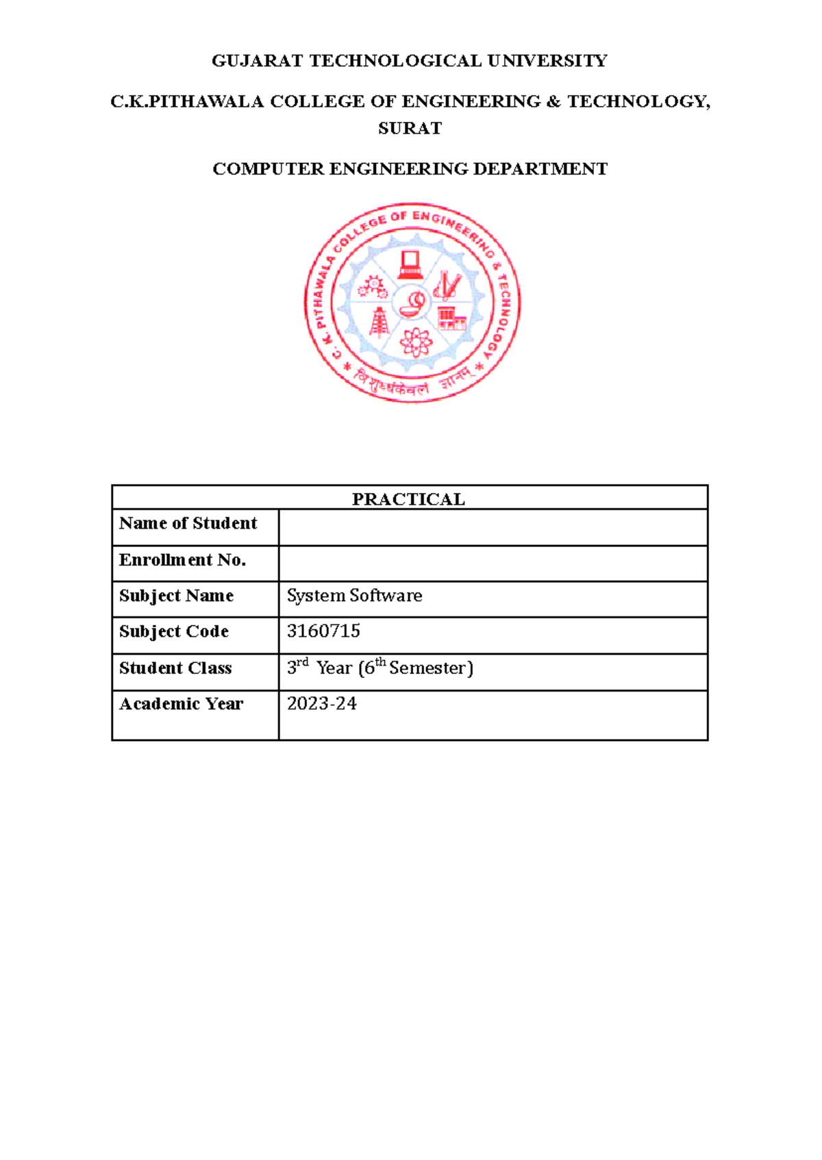 Practical List - GUJARAT TECHNOLOGICAL UNIVERSITY C.K COLLEGE OF ENGINEERING & TECHNOLOGY, SURAT ...