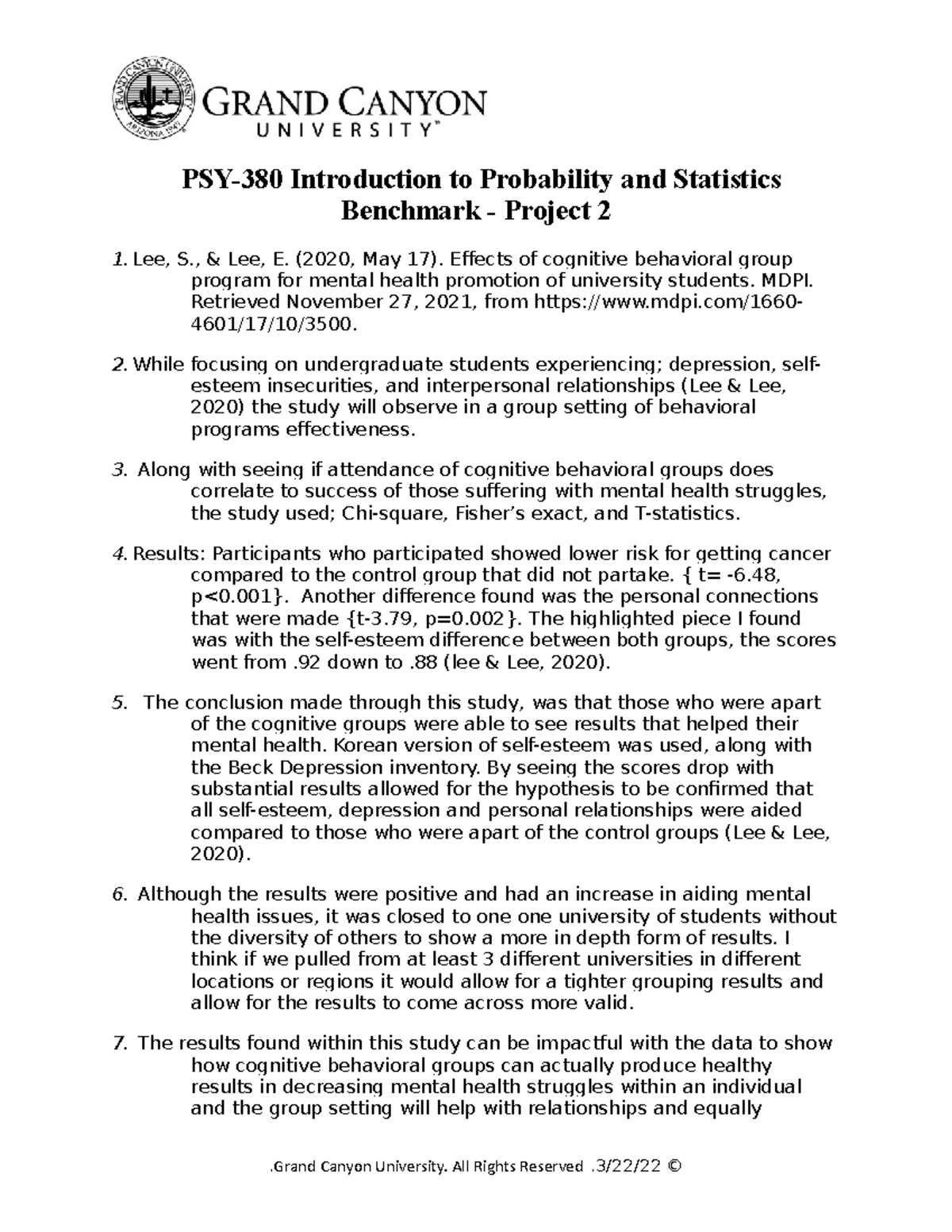 Psy 380 project 2 and assignment - PSY-380 Introduction to Probability ...