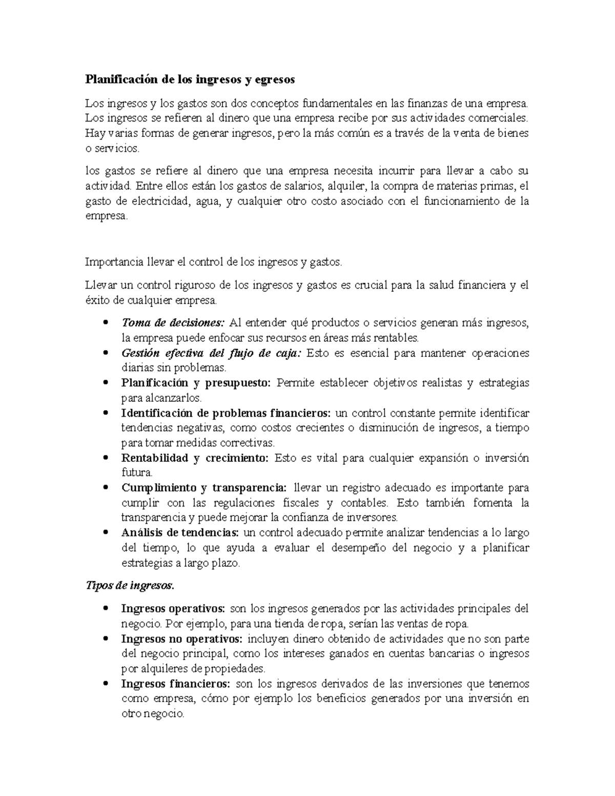Planificación de los ingresos y egresos - Planificación de los ingresos ...
