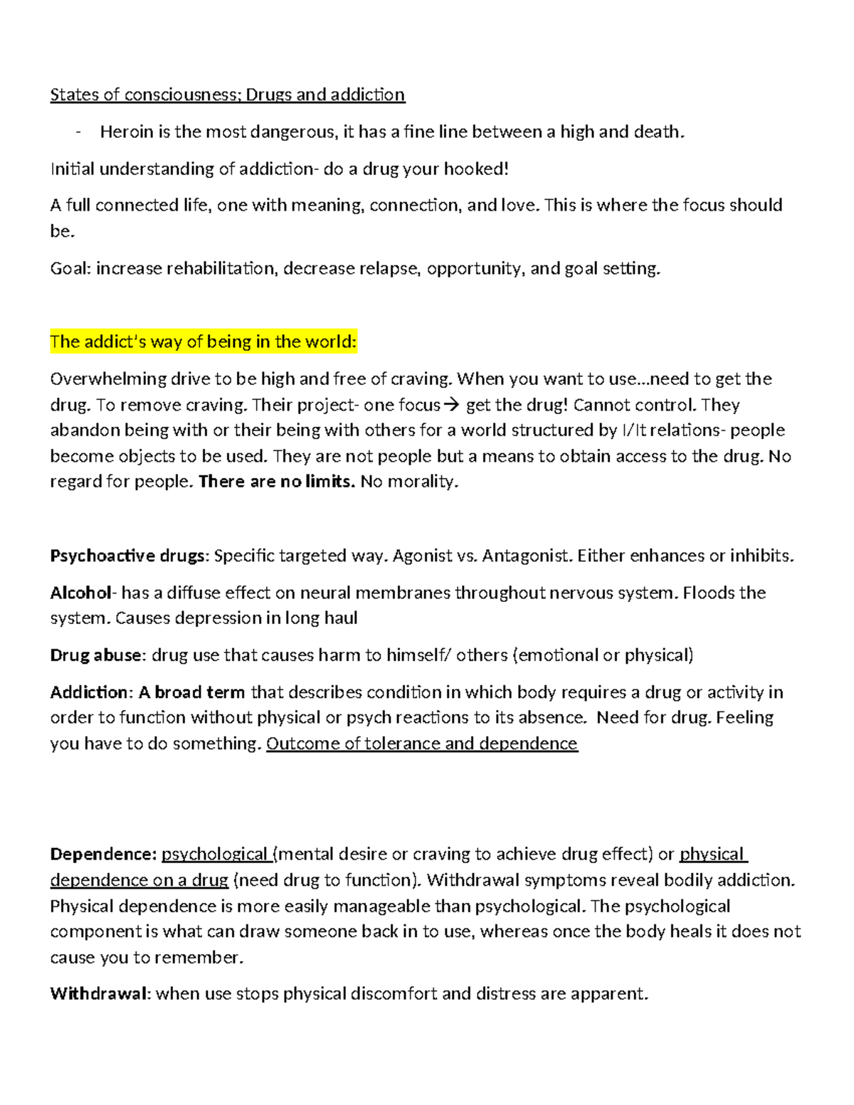 Psych Study Guide 3 - Notes - States of consciousness; Drugs and ...