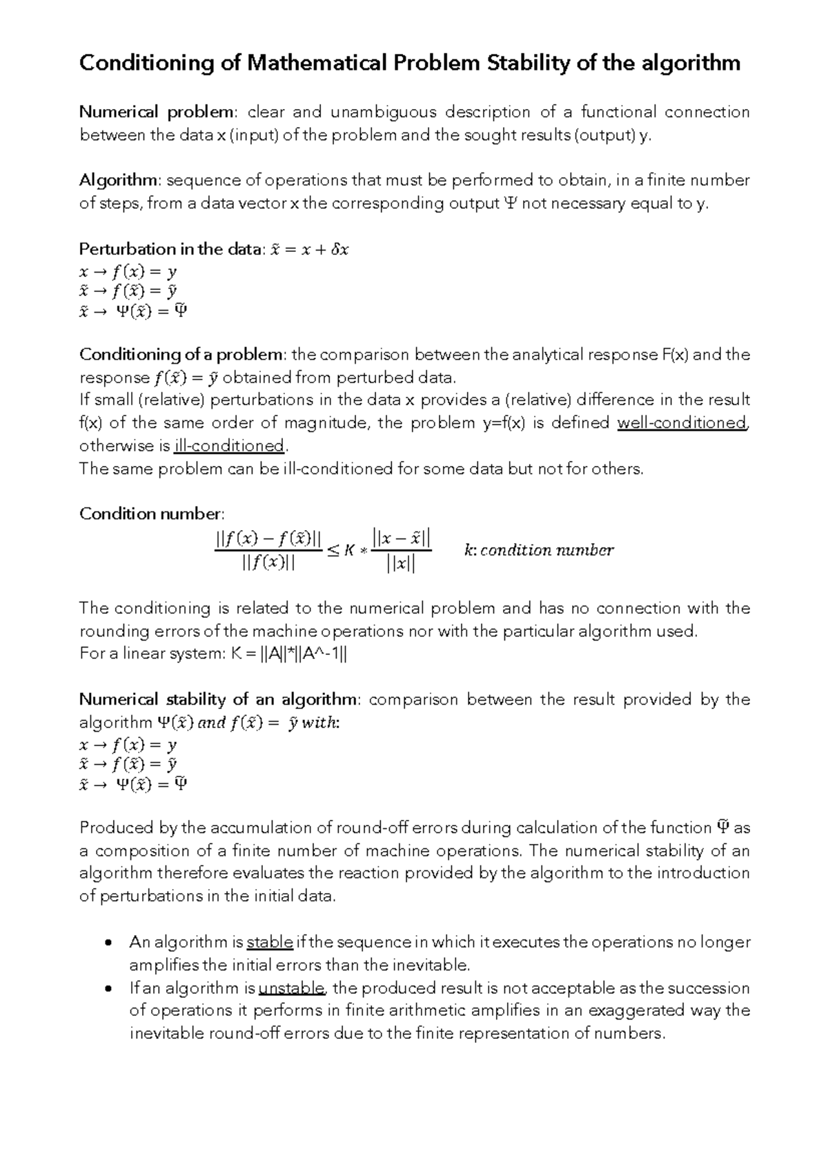 Conditioning of Mathematical Problem Stability of the algorithm Summary ...