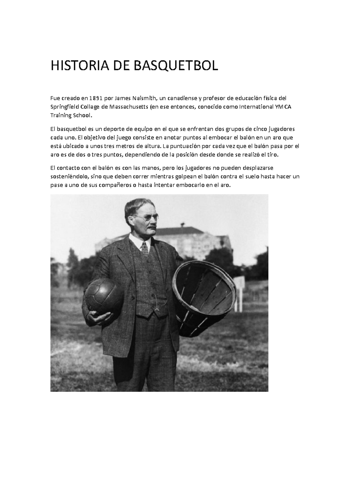 Historia DE Basquetbol - HISTORIA DE BASQUETBOL Fue creado en 1891 por ...