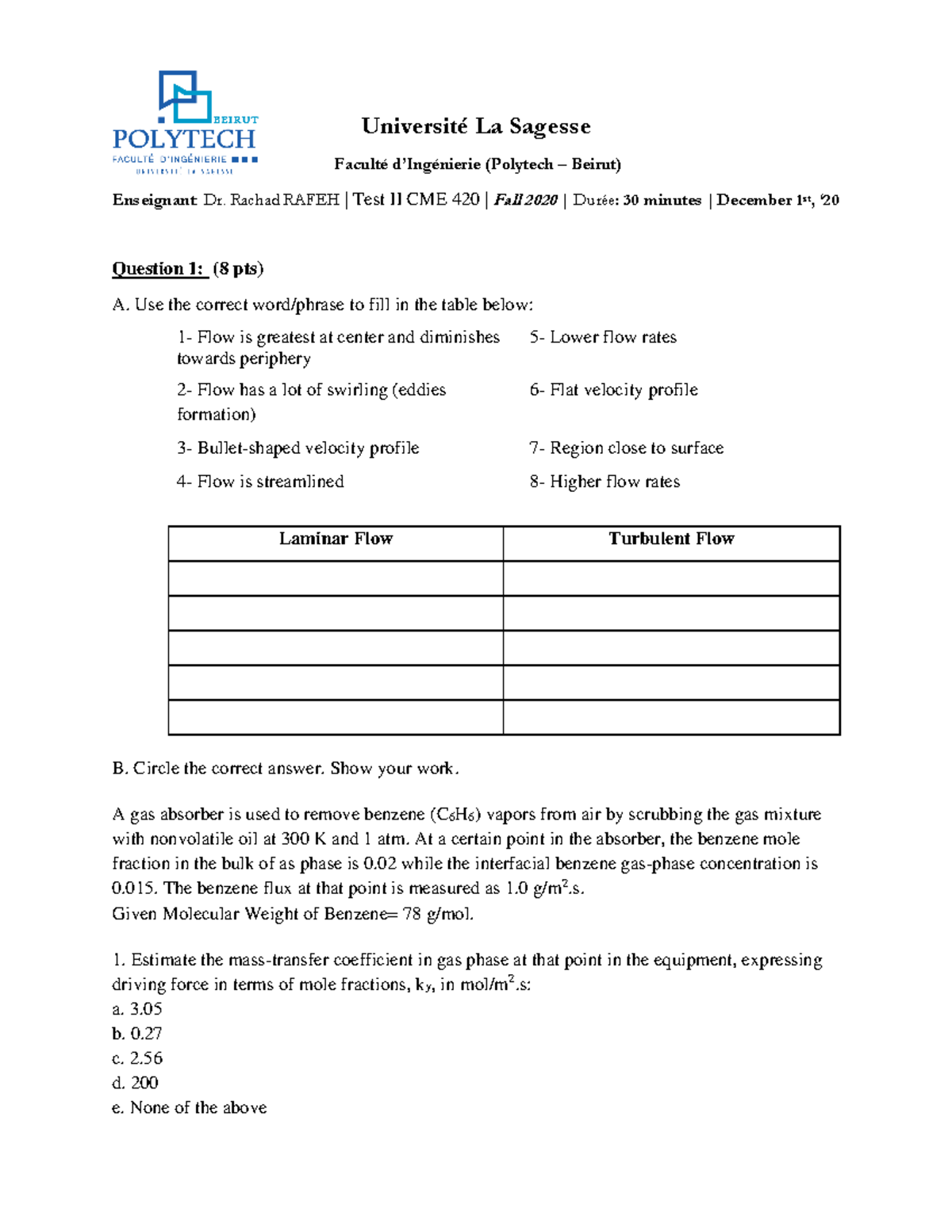 CME 420 Test 2 Fall 2020 - CME 420 - Université La Sagesse Faculté d ...