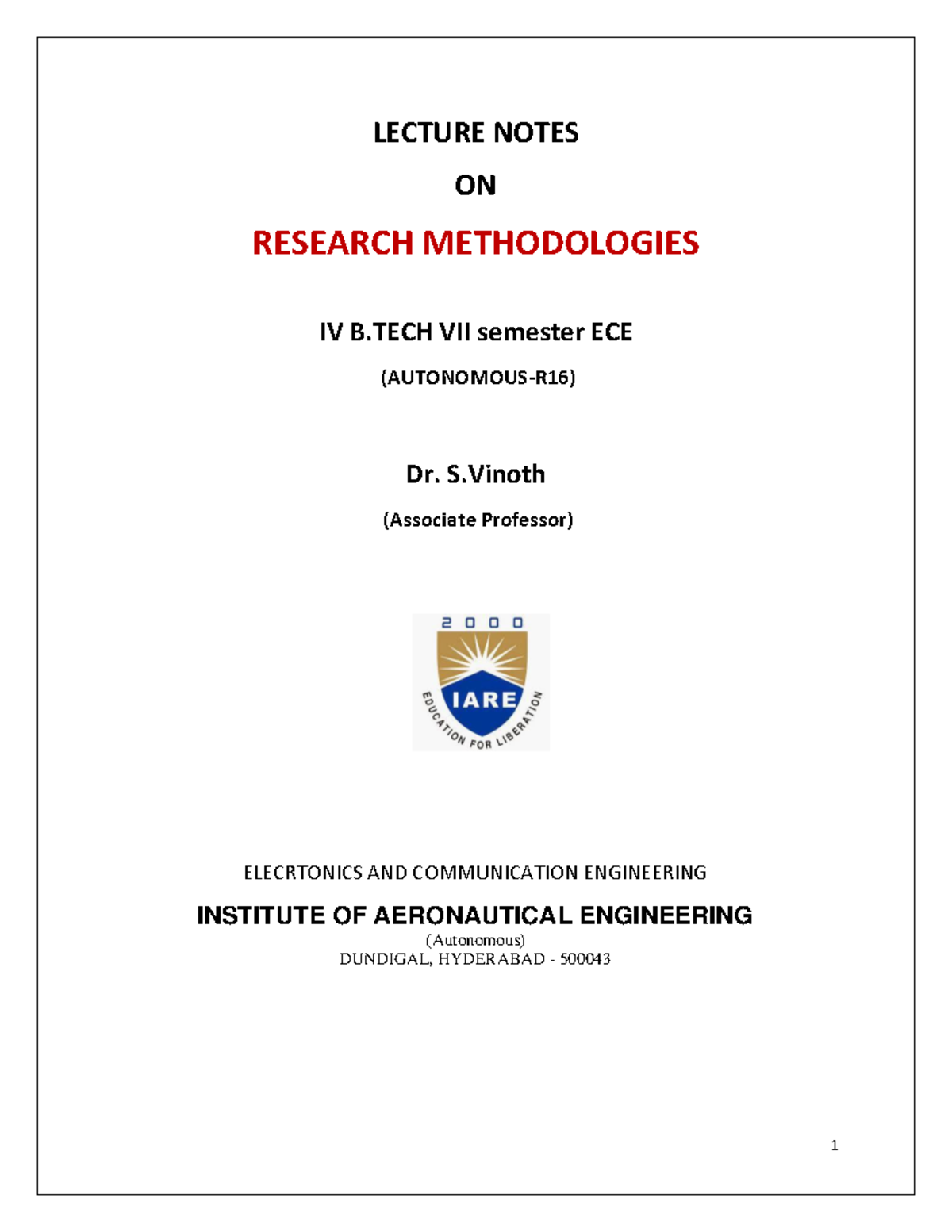IARE RM Lecture Notes - LECTURE NOTES ON RESEARCH METHODOLOGIES IV B ...