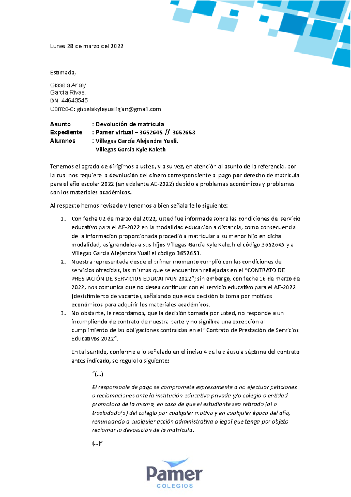 Carta de respuesta caso Villegas Garcia - Lunes 28 de marzo del 2022 ...