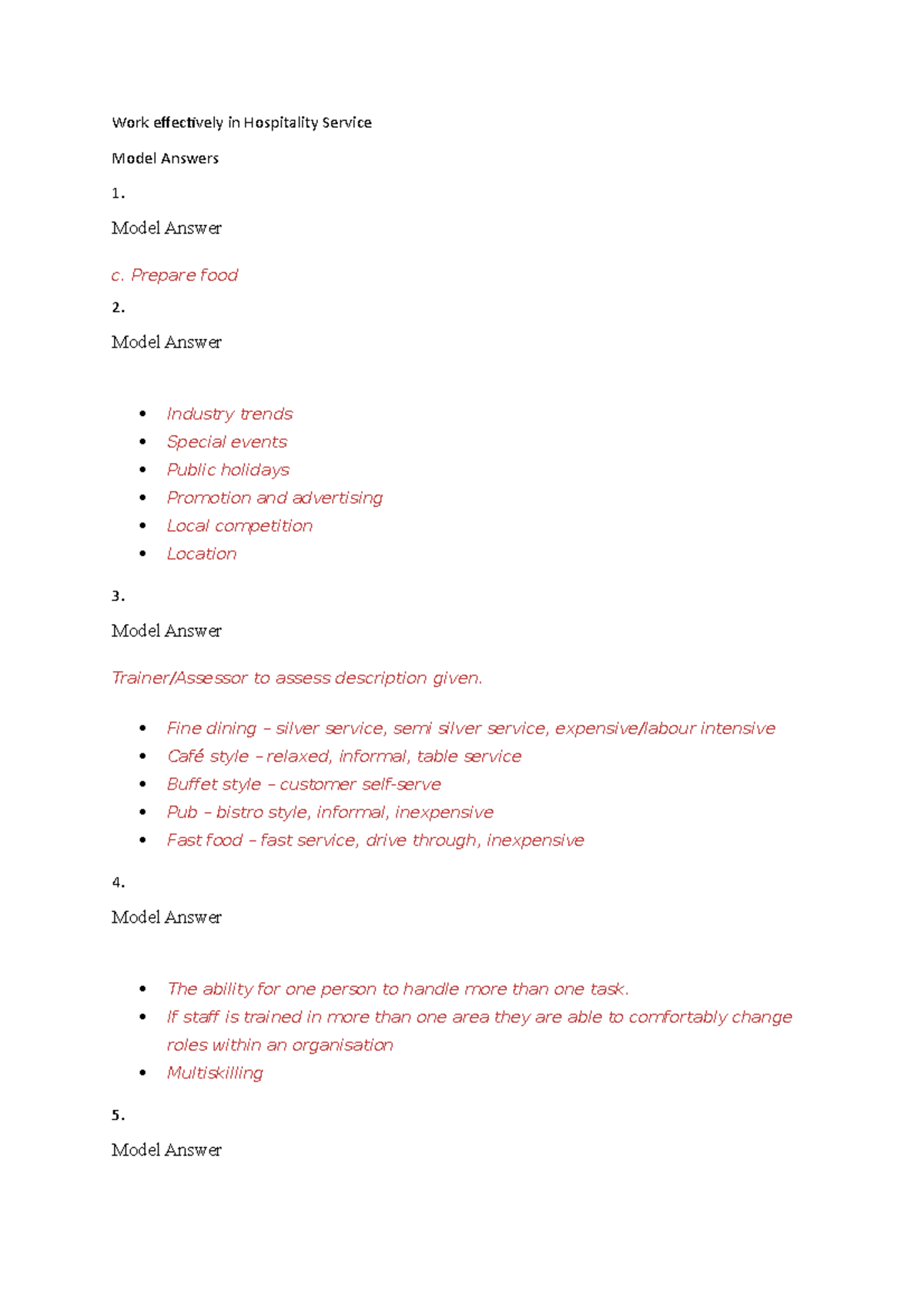 Work effectively in Hospitality Service Model Answers - Work ...