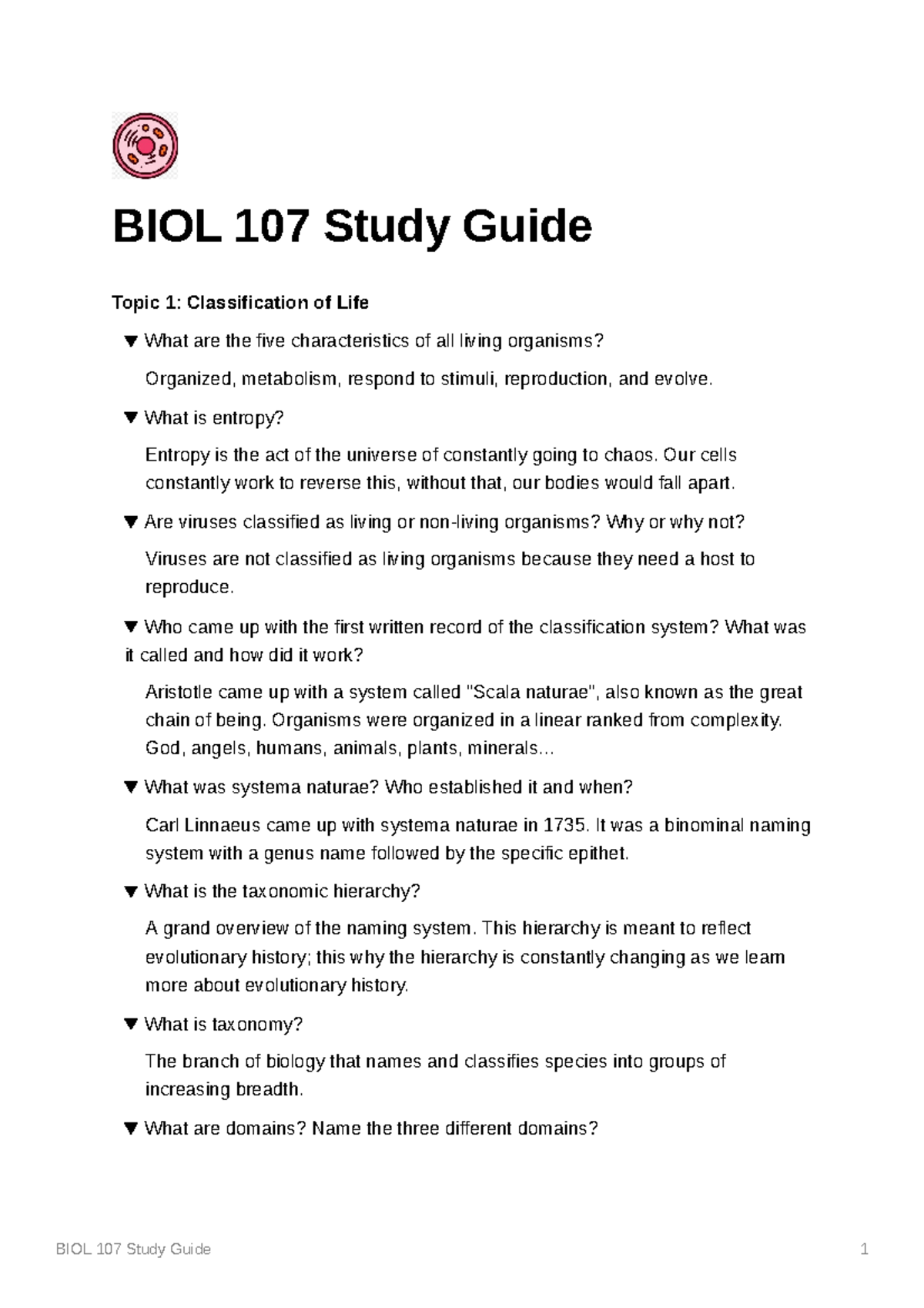 BIOL 107 Study Guide Topic 1 - Biol107 - UAlberta - Studocu