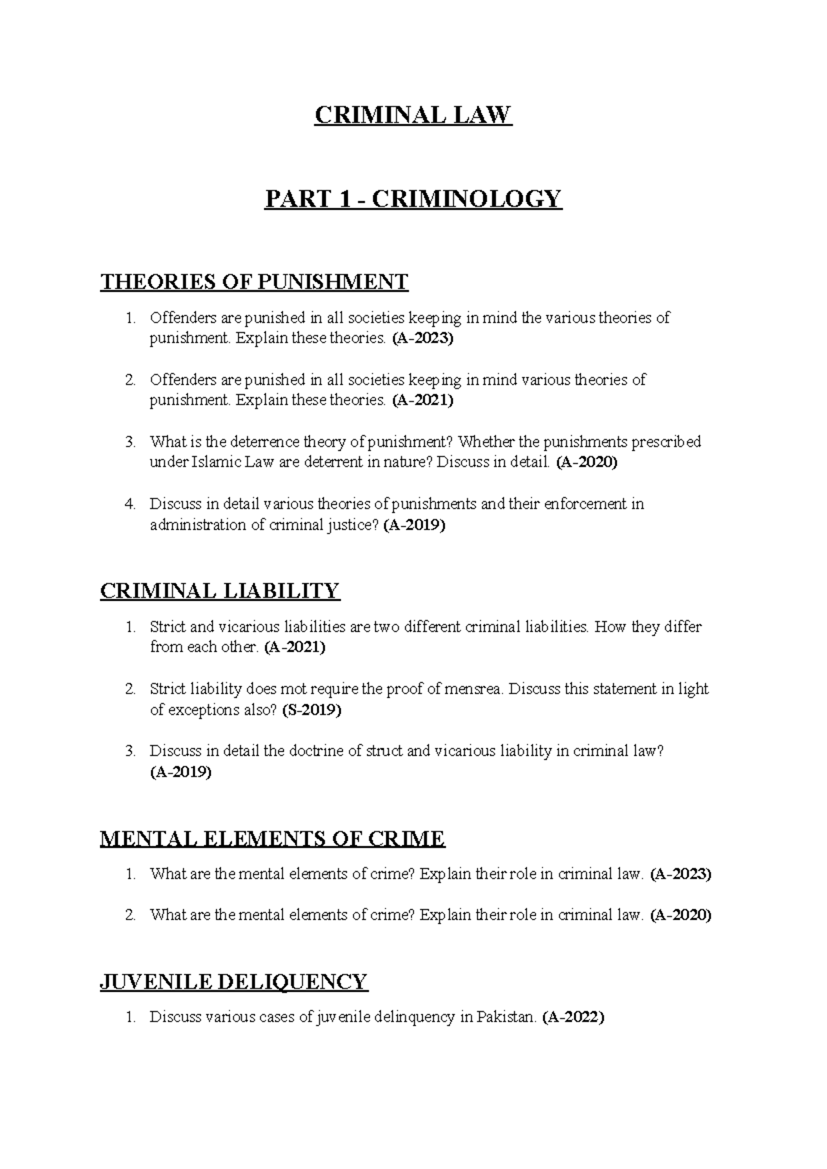 Criminal LAW - CRIMINAL LAW PART 1 - CRIMINOLOGY THEORIES OF PUNISHMENT 1. Offenders are ...