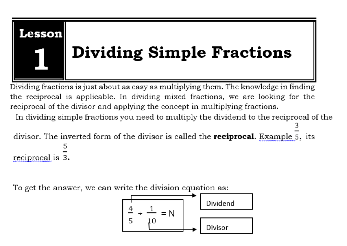 Division of fractions - activity sheet - Lesson 1 Dividing Simple ...