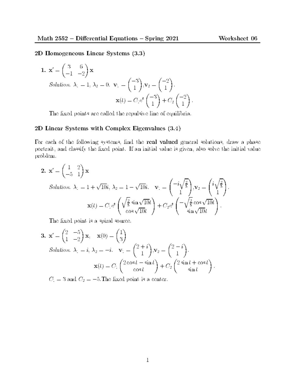 W06 Sol - Solutions to Recitation Worksheet 6 - Math 2552 ...