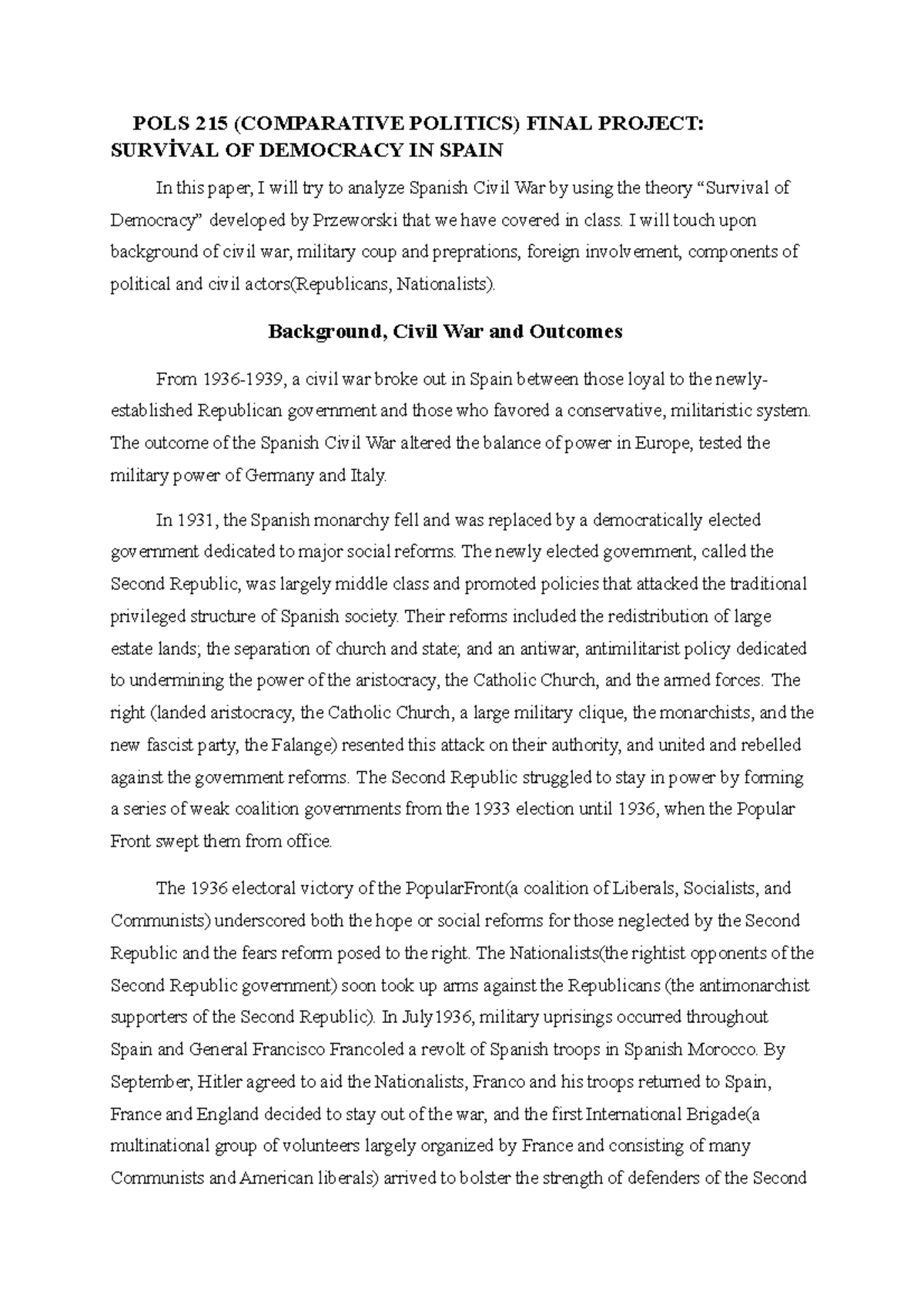 Spanish Civil War - week 3 and 4 - POLS 215 (COMPARATIVE POLITICS ...