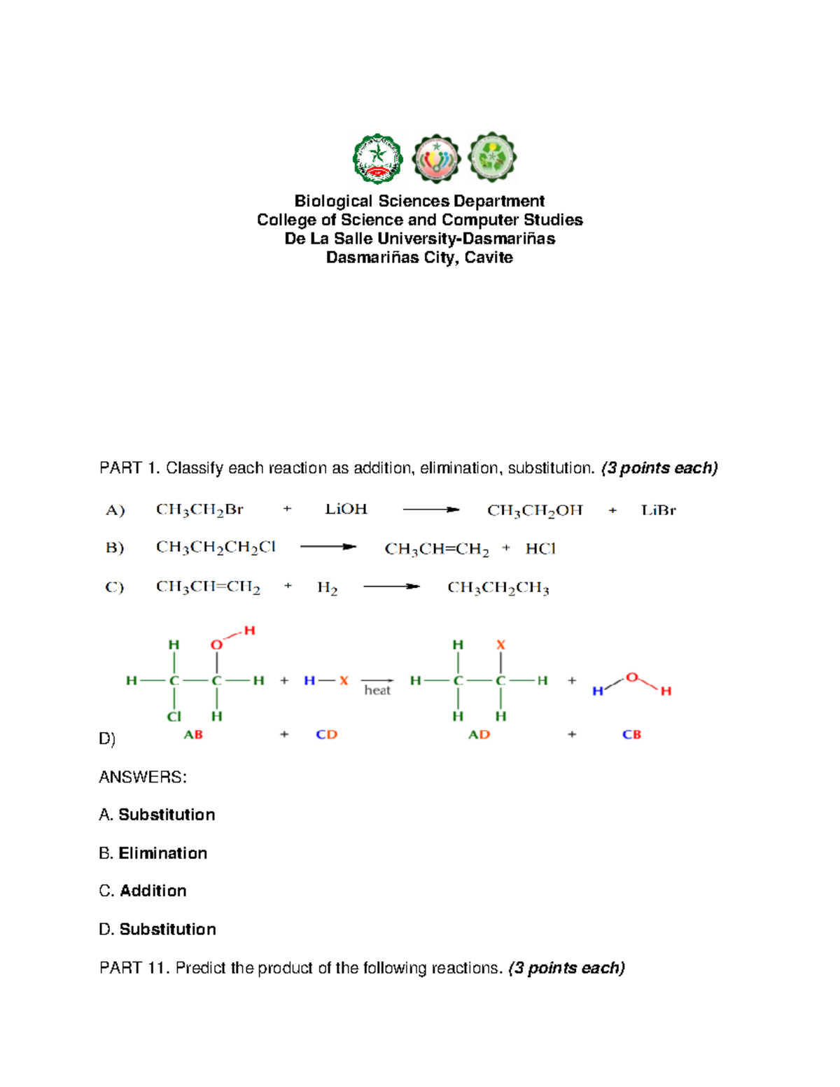 Chem - elimination, substitution, addition of reactions - Biological ...