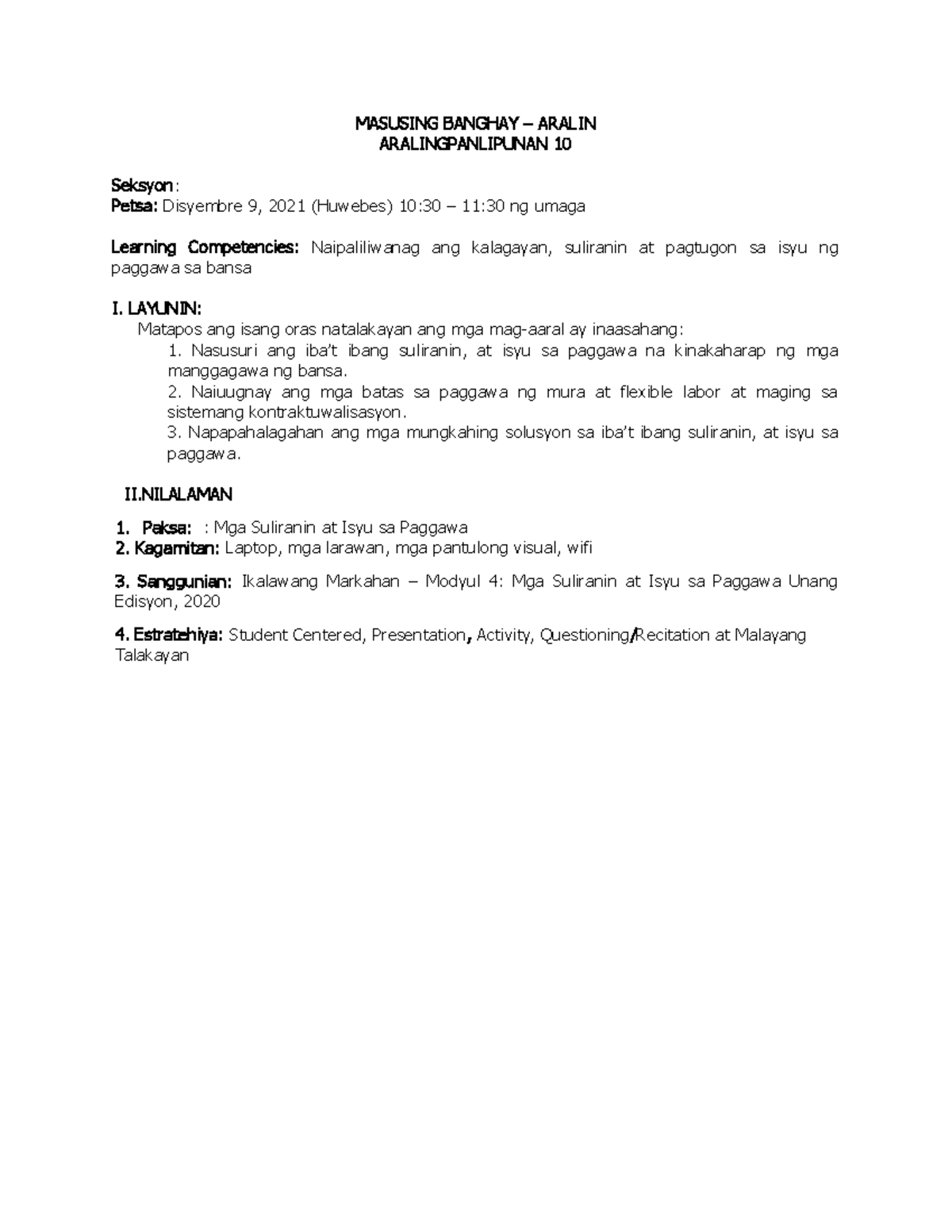 AP 10 Module 4 Mga Suliranin at Isyu sa Paggawa PART 1 - MASUSING ...