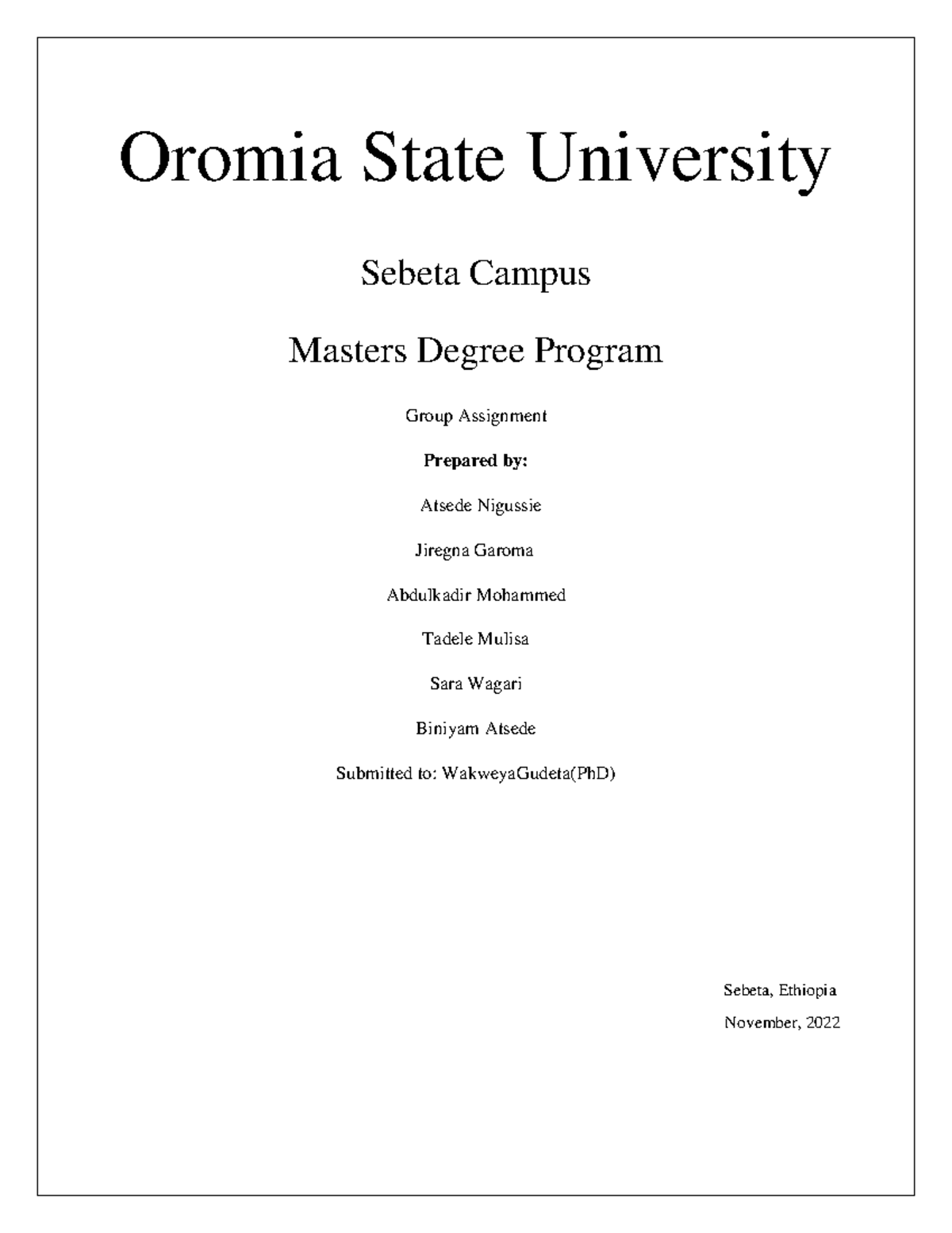Master Project Management Assignment 1 - Oromia State University Sebeta ...