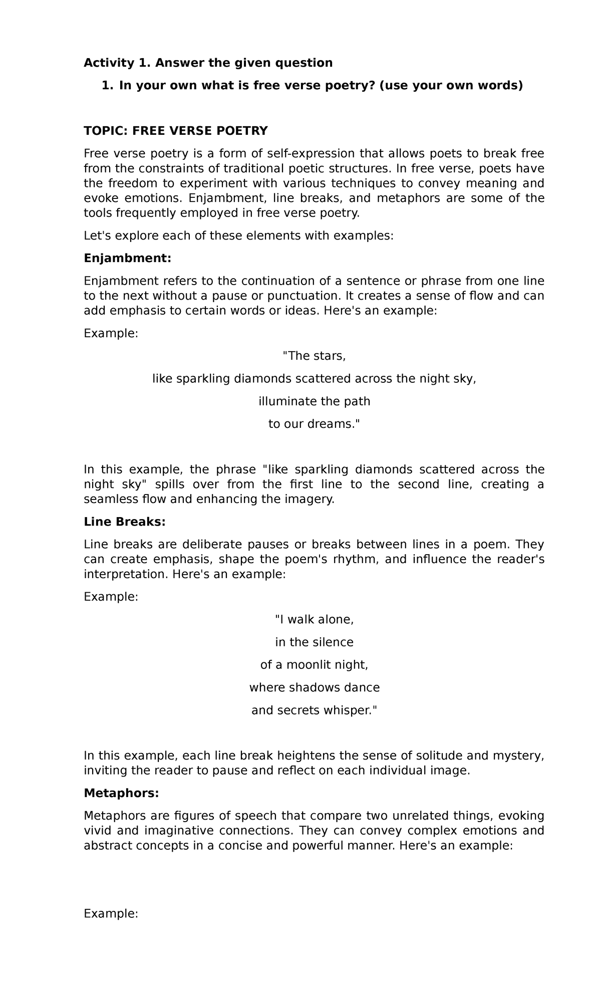 FREE Verse Poetry Handouts - Activity 1. Answer the given question 1 ...