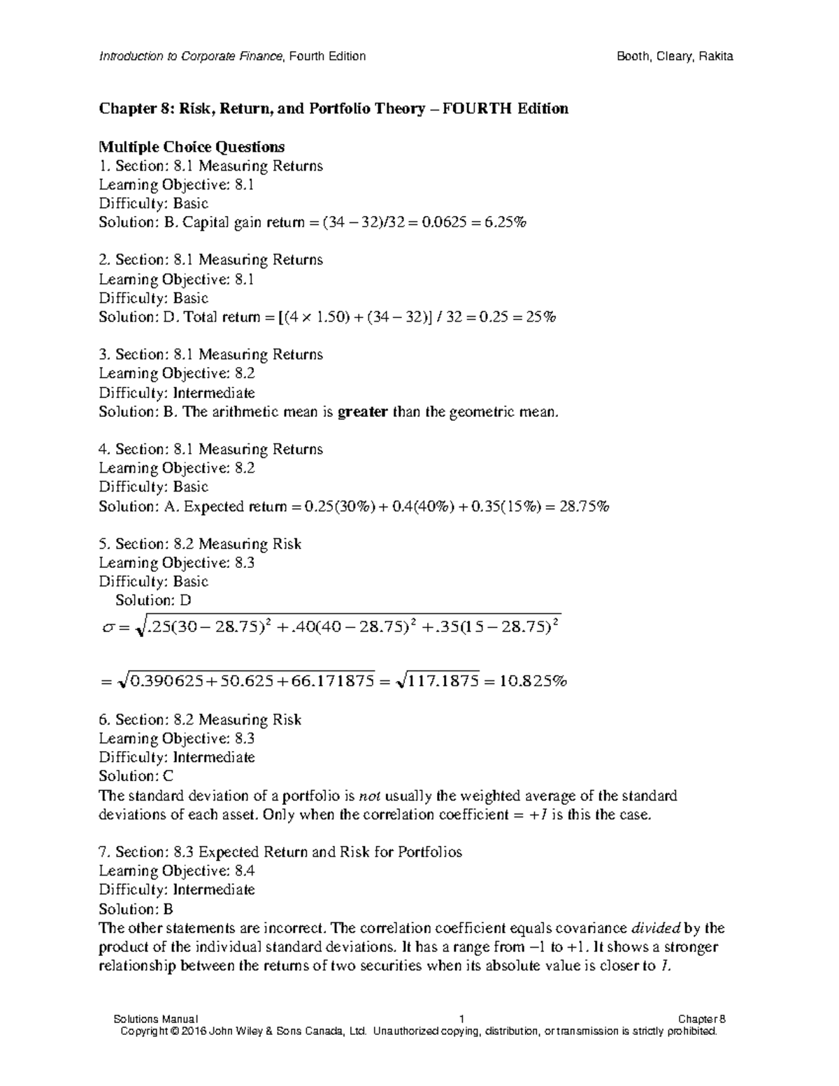 Supplementary Problems Ch8.4 - Solutions Manual 1 Chapter 8 Chapter 8: Risk, Return, and ...