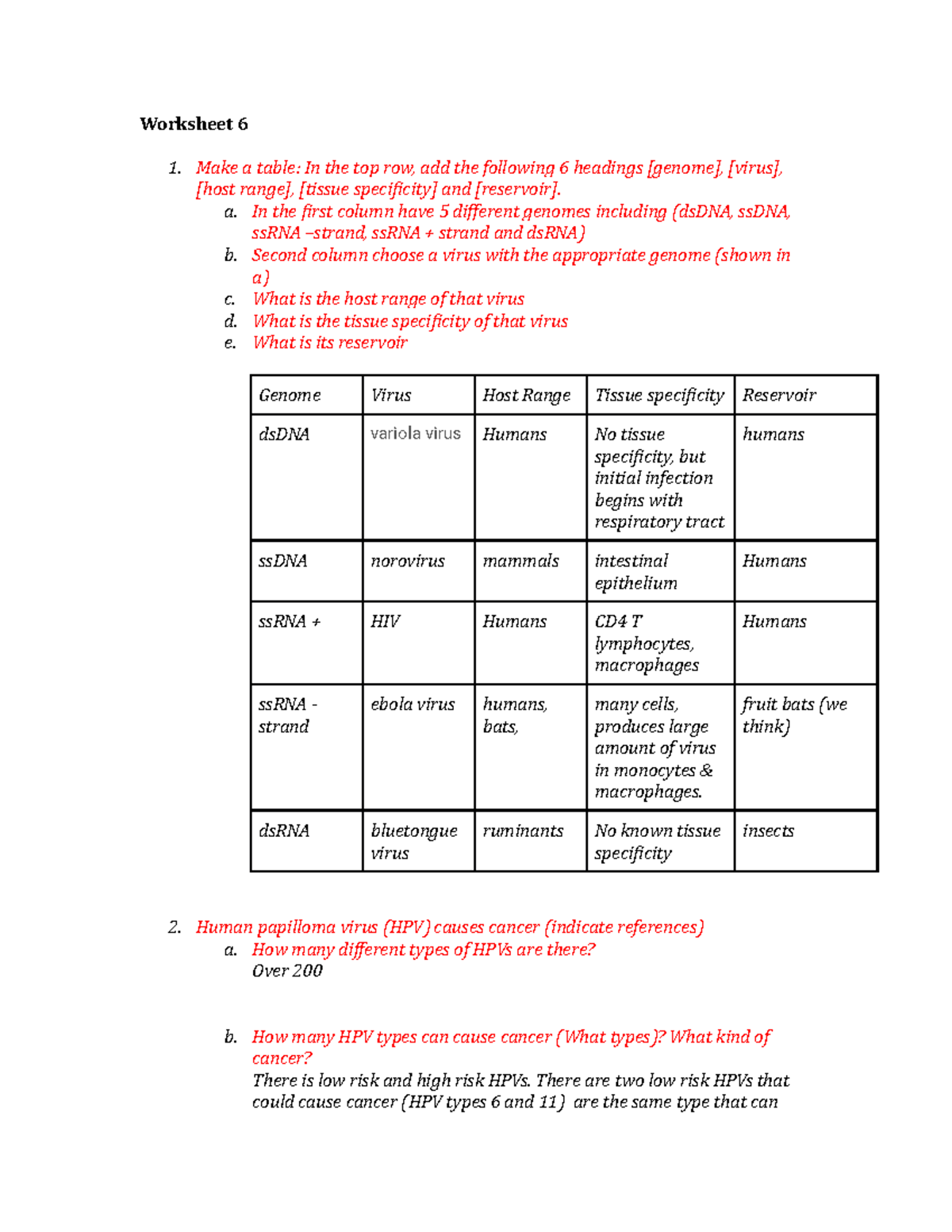 Worksheet virology - Worksheet 6 Make a table: In the top row, add the ...