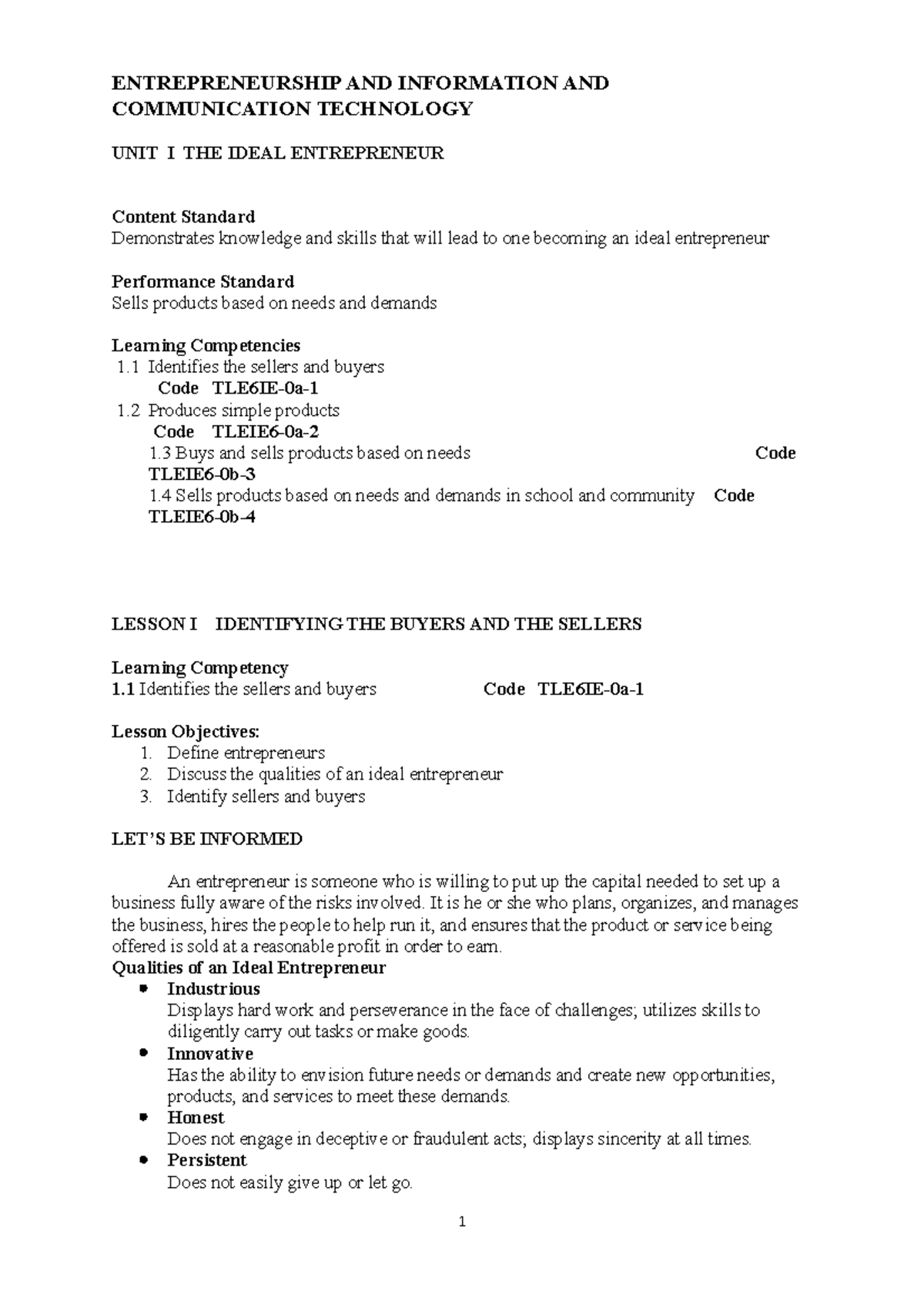 Learners' Manual - TLE 6 ICT - ENTREPRENEURSHIP AND INFORMATION AND ...