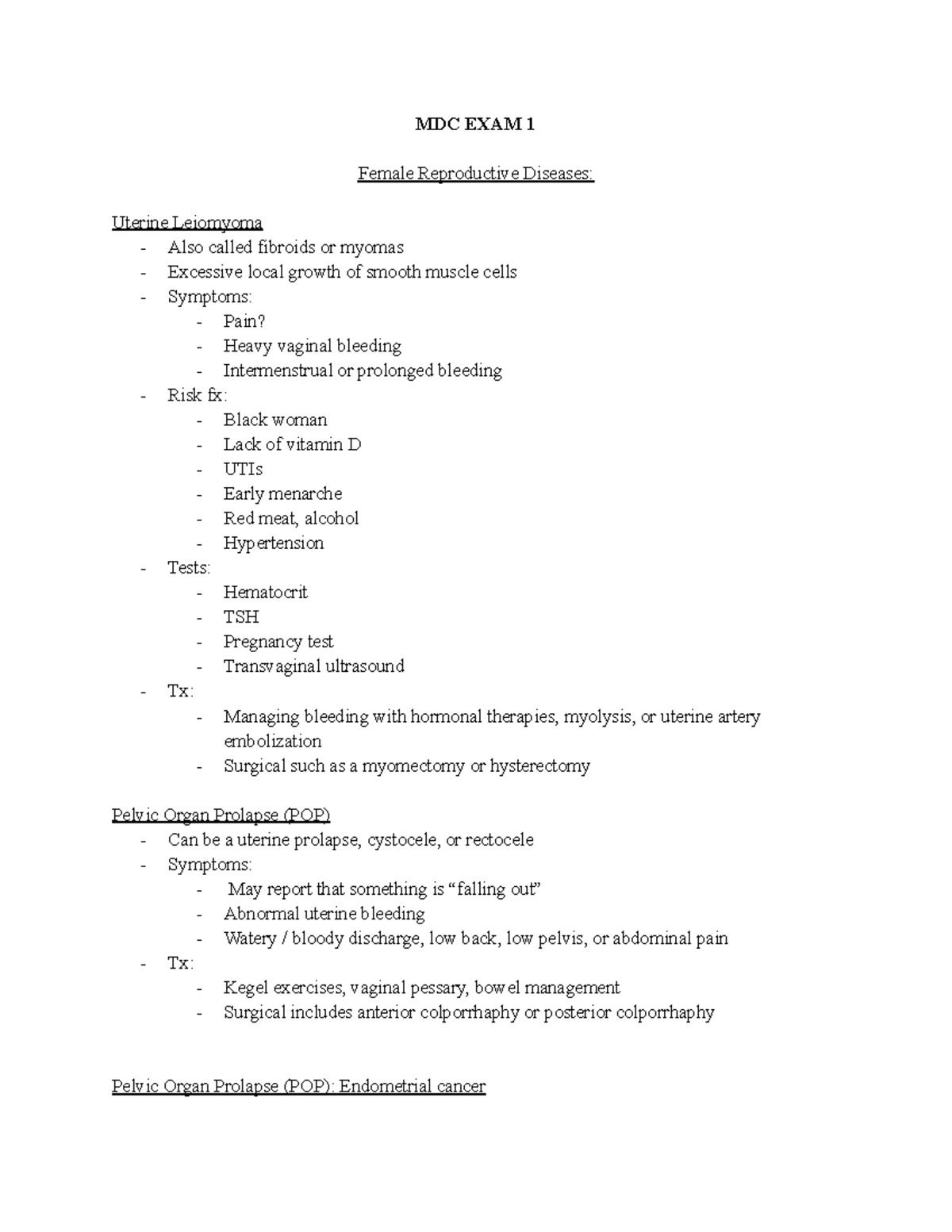 MDC 3 Exam 1 Concept Guide - MDC EXAM 1 Female Reproductive Diseases ...