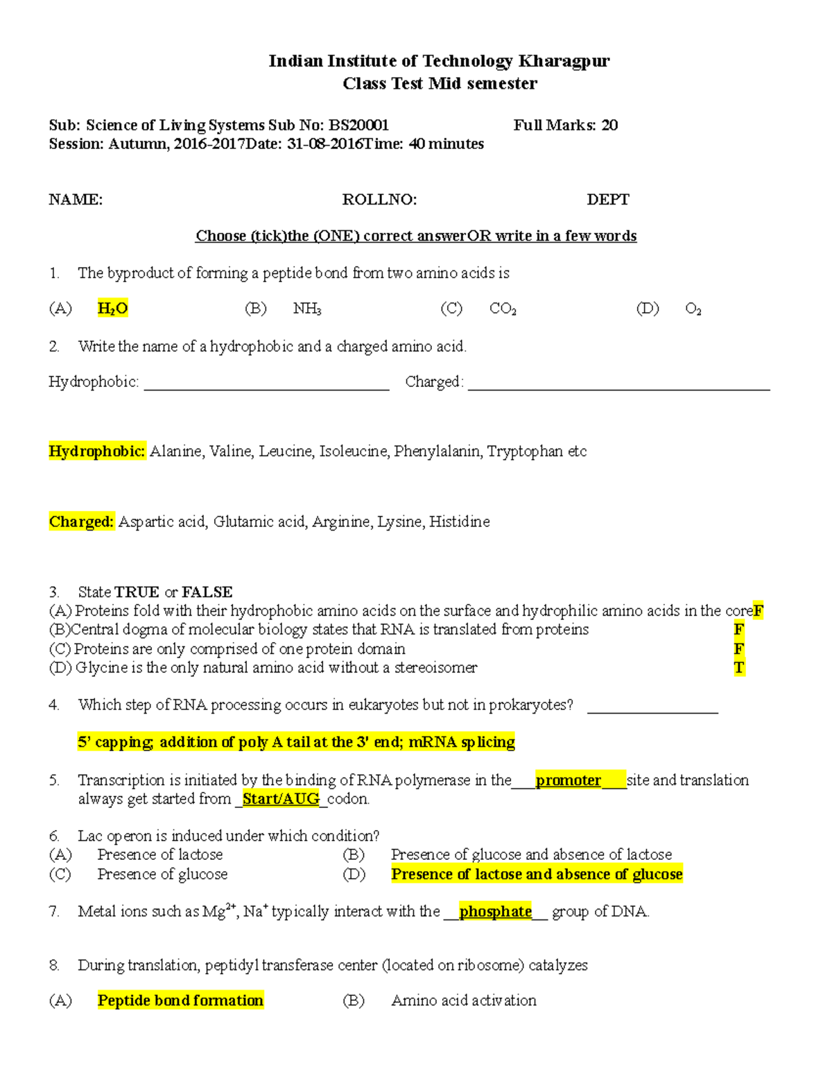 Bs2000 1 Class Test 1 Autumn 2016 Solutions Indian Institute Of