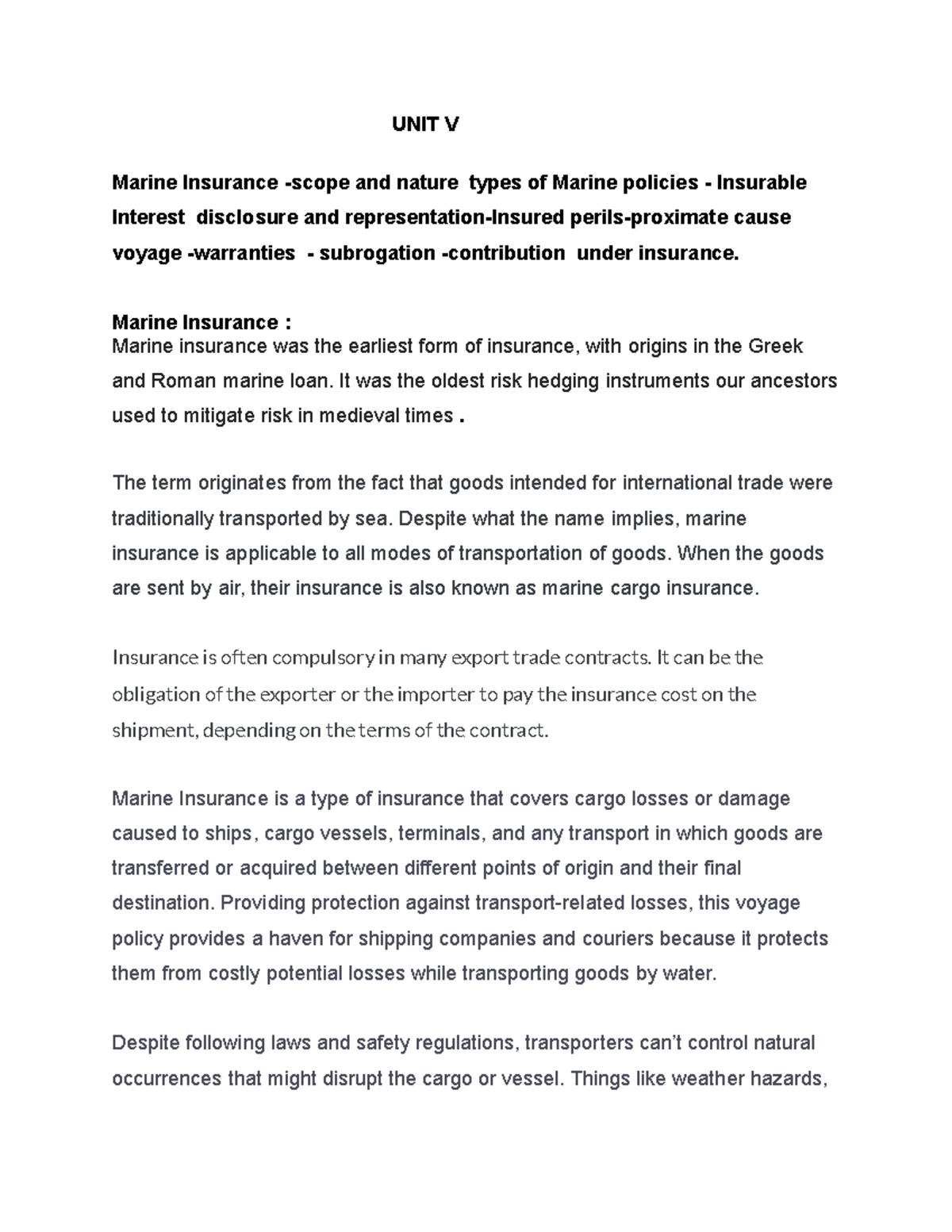 18BCO32C-U5 - Study notes - UNIT V Marine Insurance -scope and nature ...