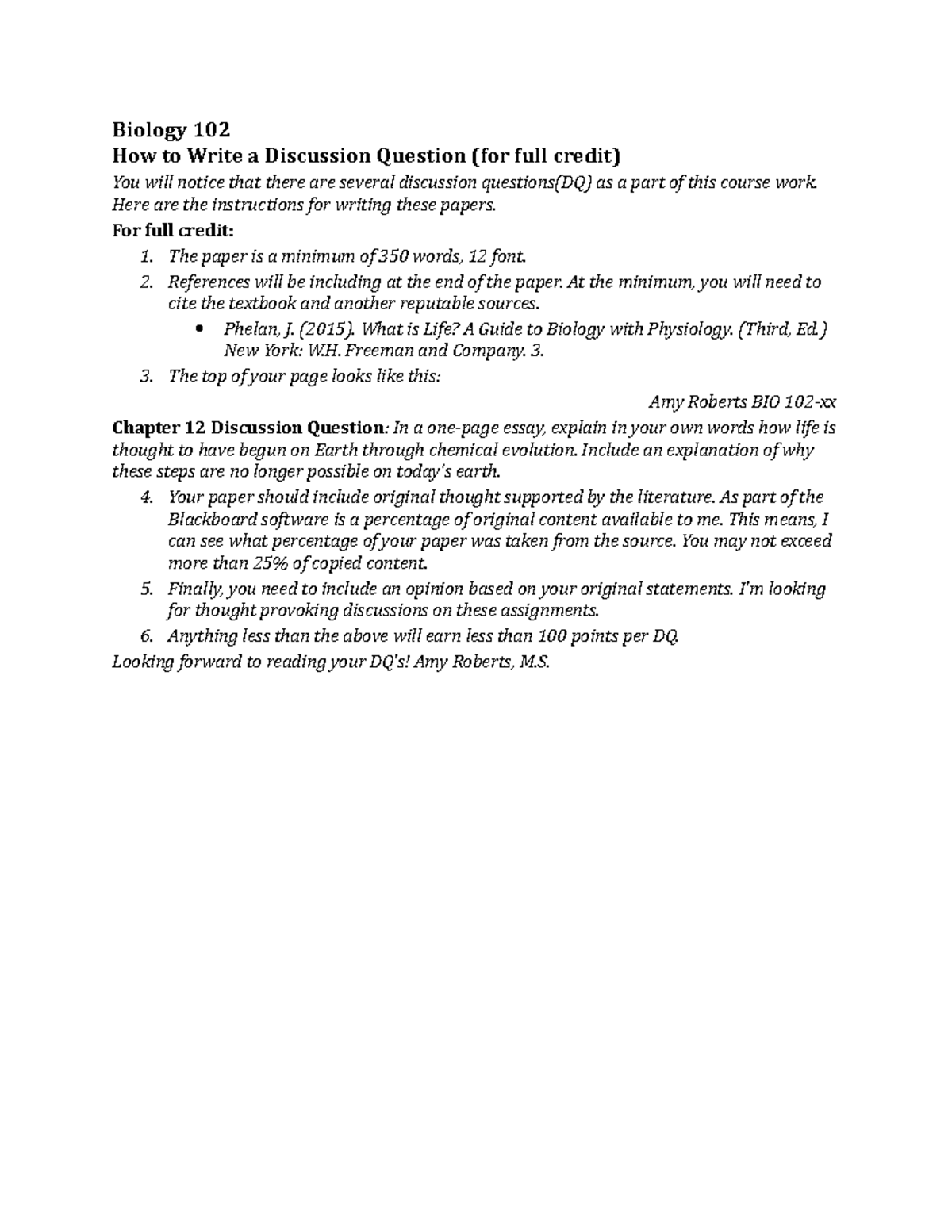 Biology 102 How to write a DQ - Biology 102 How to Write a Discussion ...