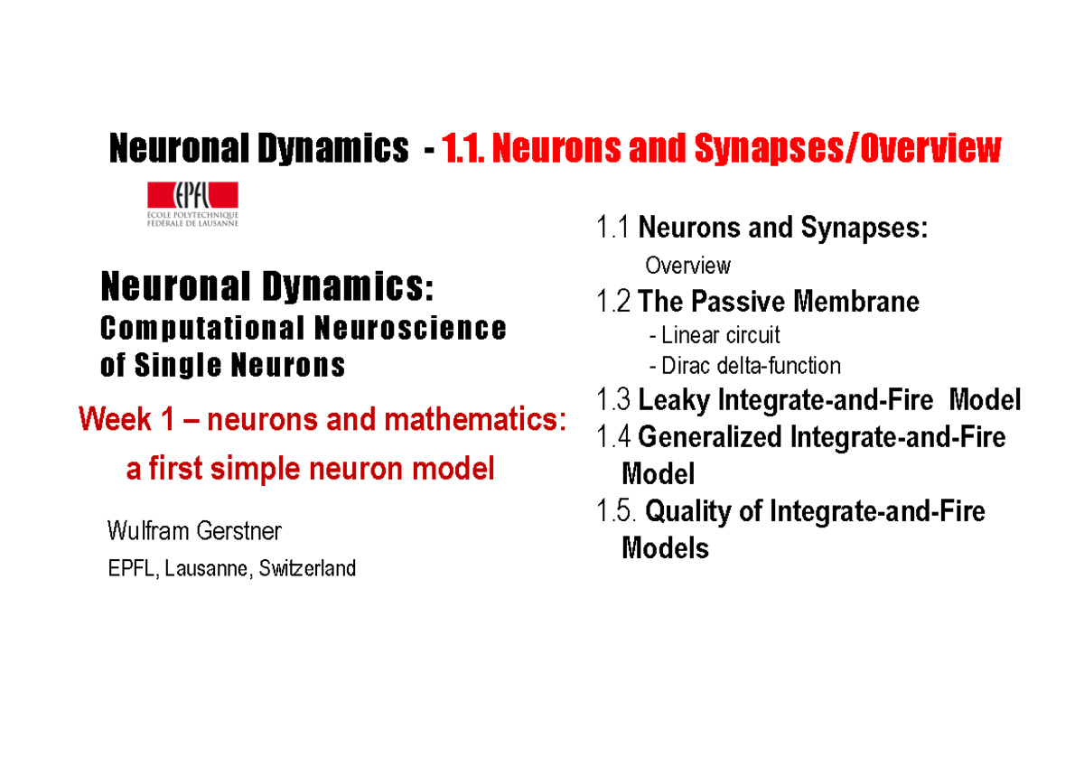 Slides lecture 1 - neuronal dynamics - Neuronal Dynamics: Computational ...