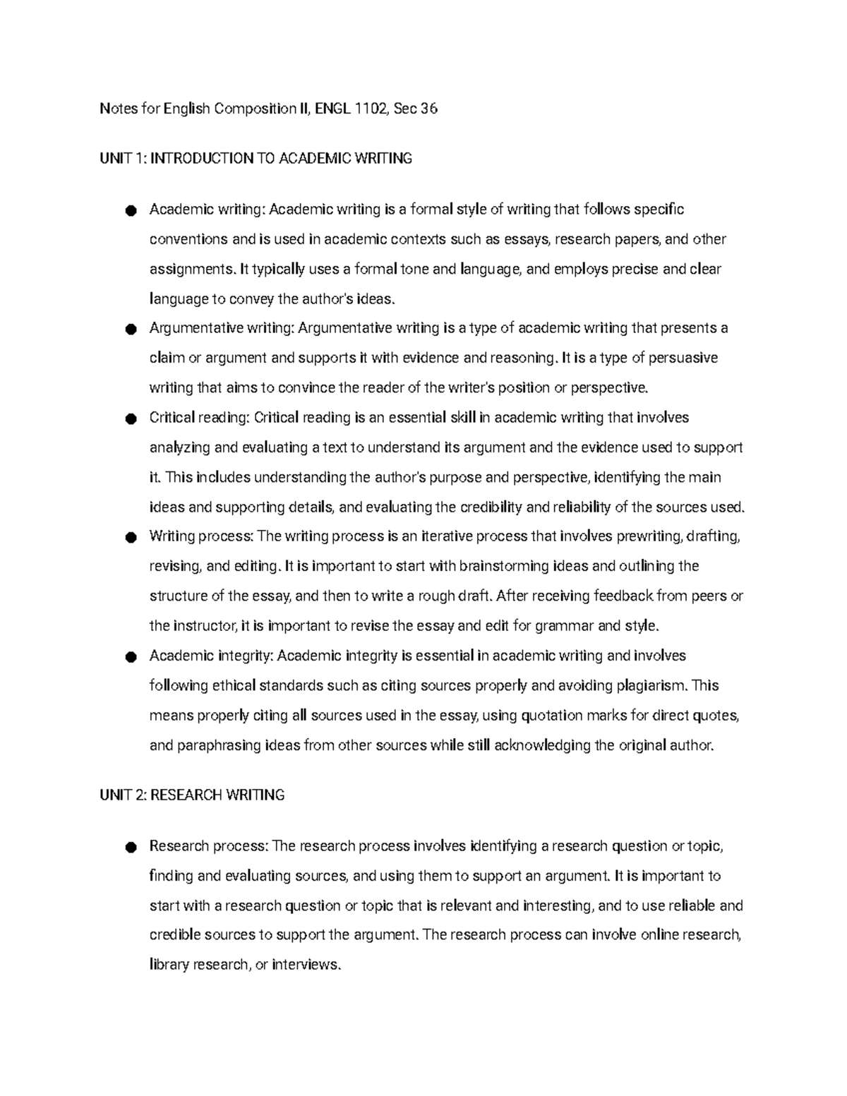Notes ENGL 1102, Sec 36 - Notes for English Composition II, ENGL 1102 ...