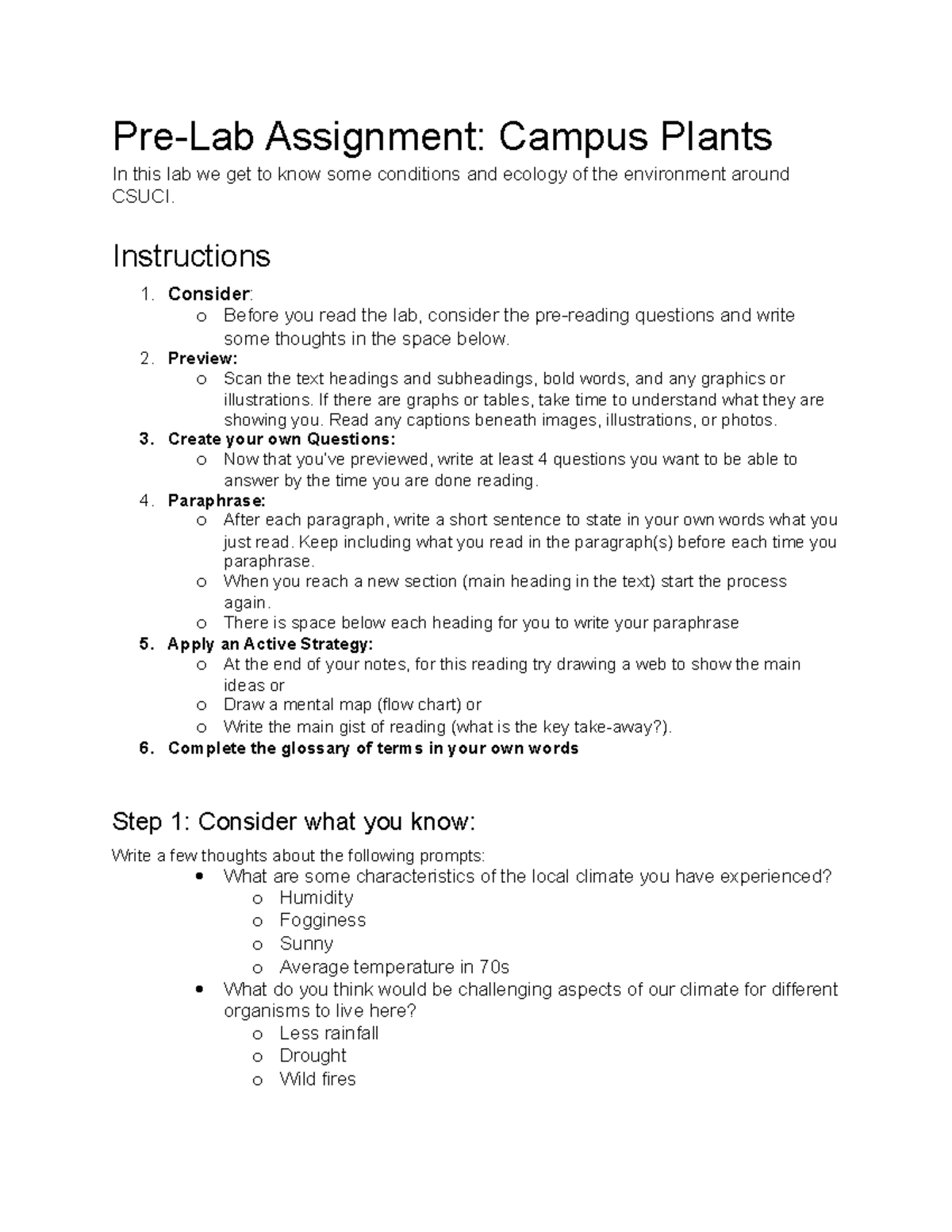 Pre lab - pre lab - Pre-Lab Assignment: Campus Plants In this lab we ...