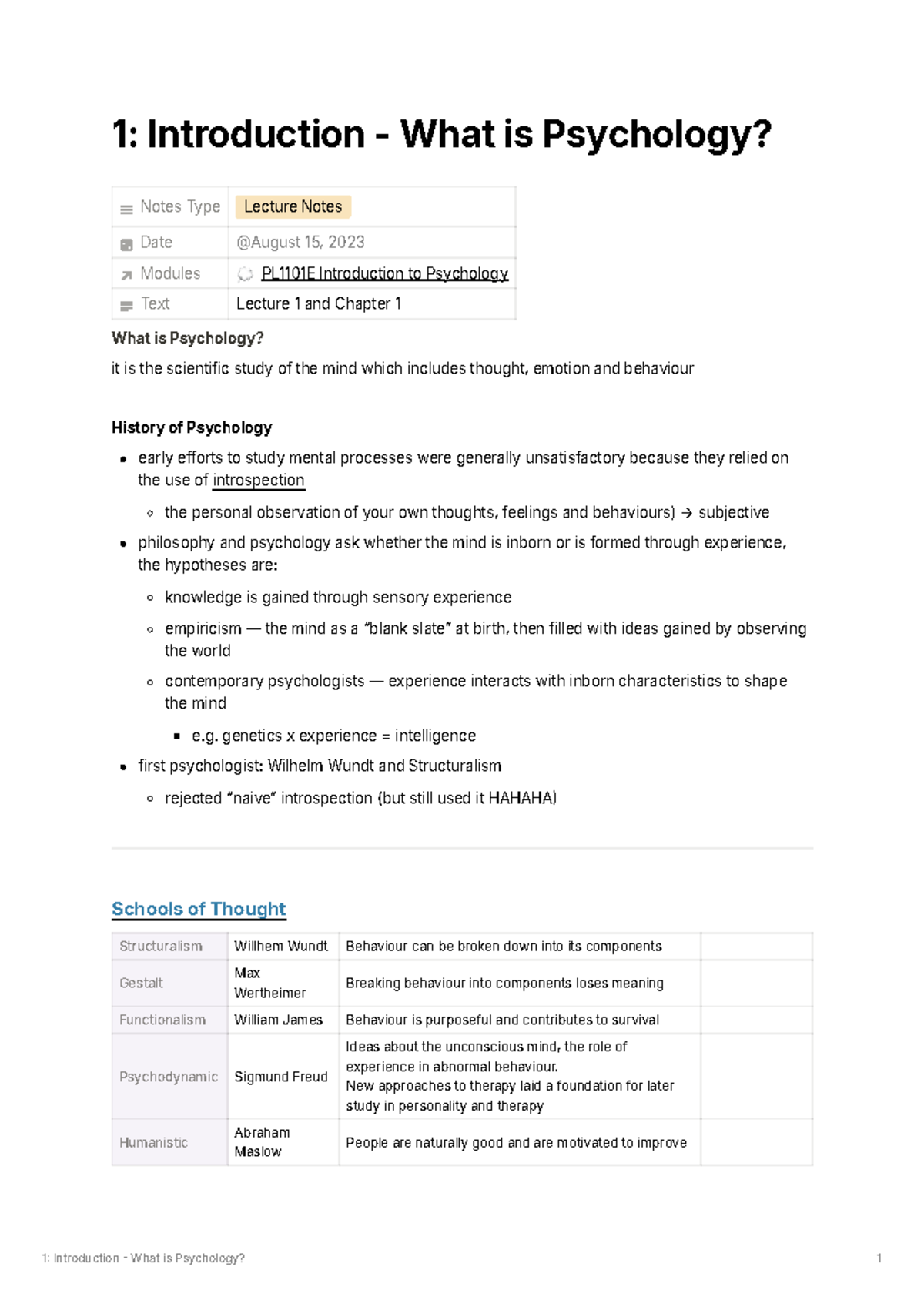 Pl1101e chapter 1 notes - 1: Introduction - What is Psychology? Notes ...