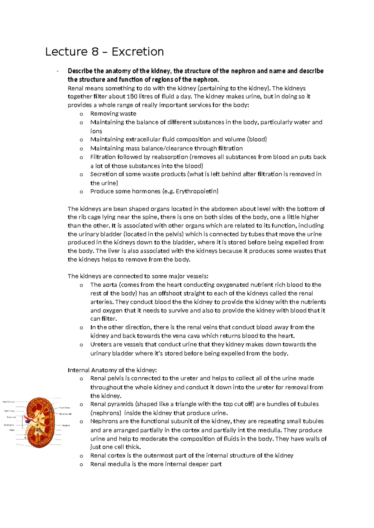 Lecture 8 Notes - Excretion - Lecture 8 – Excretion Describe the ...