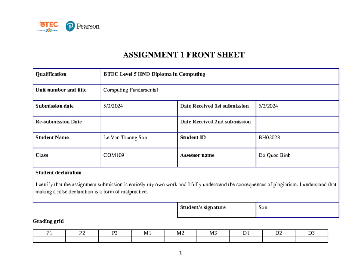 ASM COM109 BH02028 LE VAN TRUONG SON - ASSIGNMENT 1 FRONT SHEET Qualification BTEC Level 5 HND ...