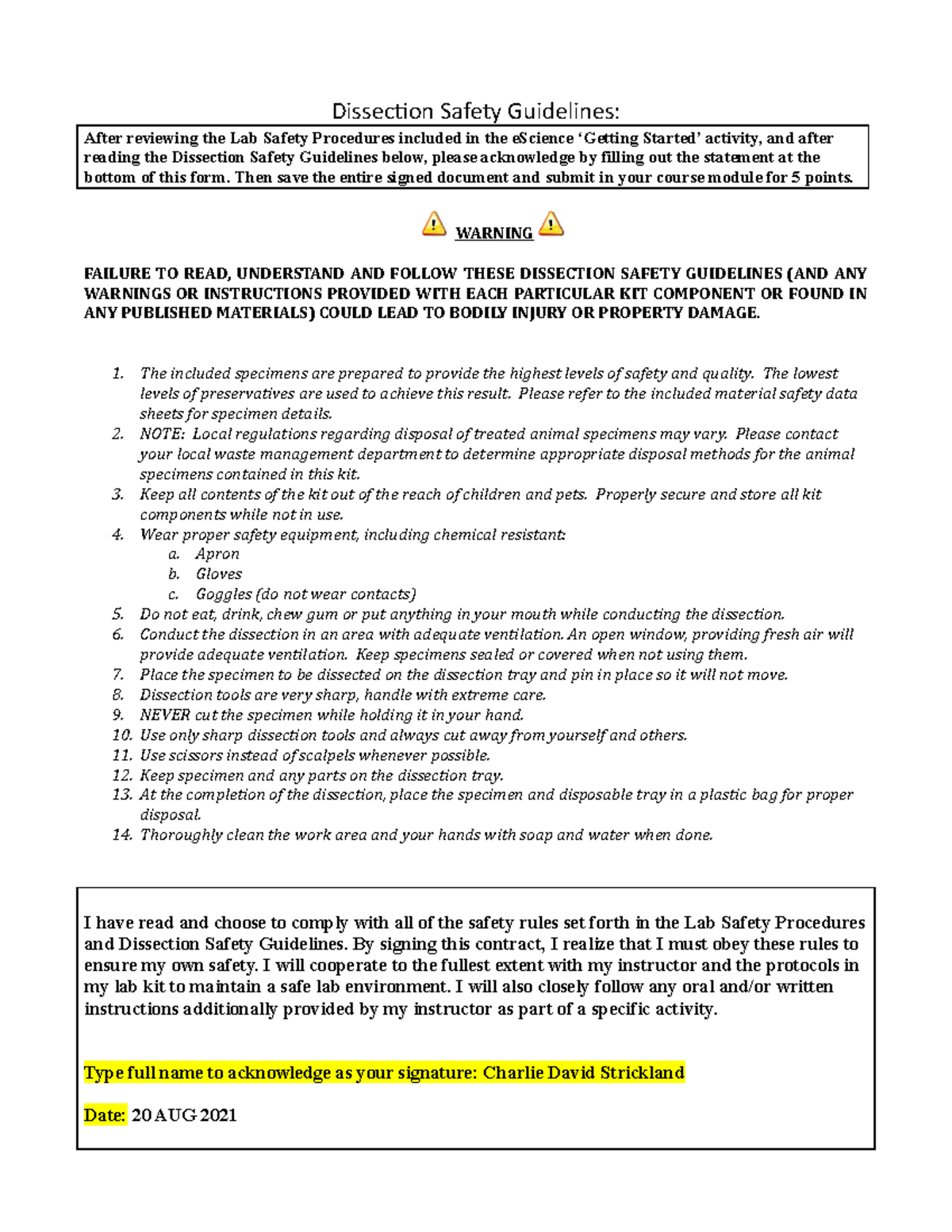 Strickland Lab Safety Sheet - Dissection Safety Guidelines: After ...
