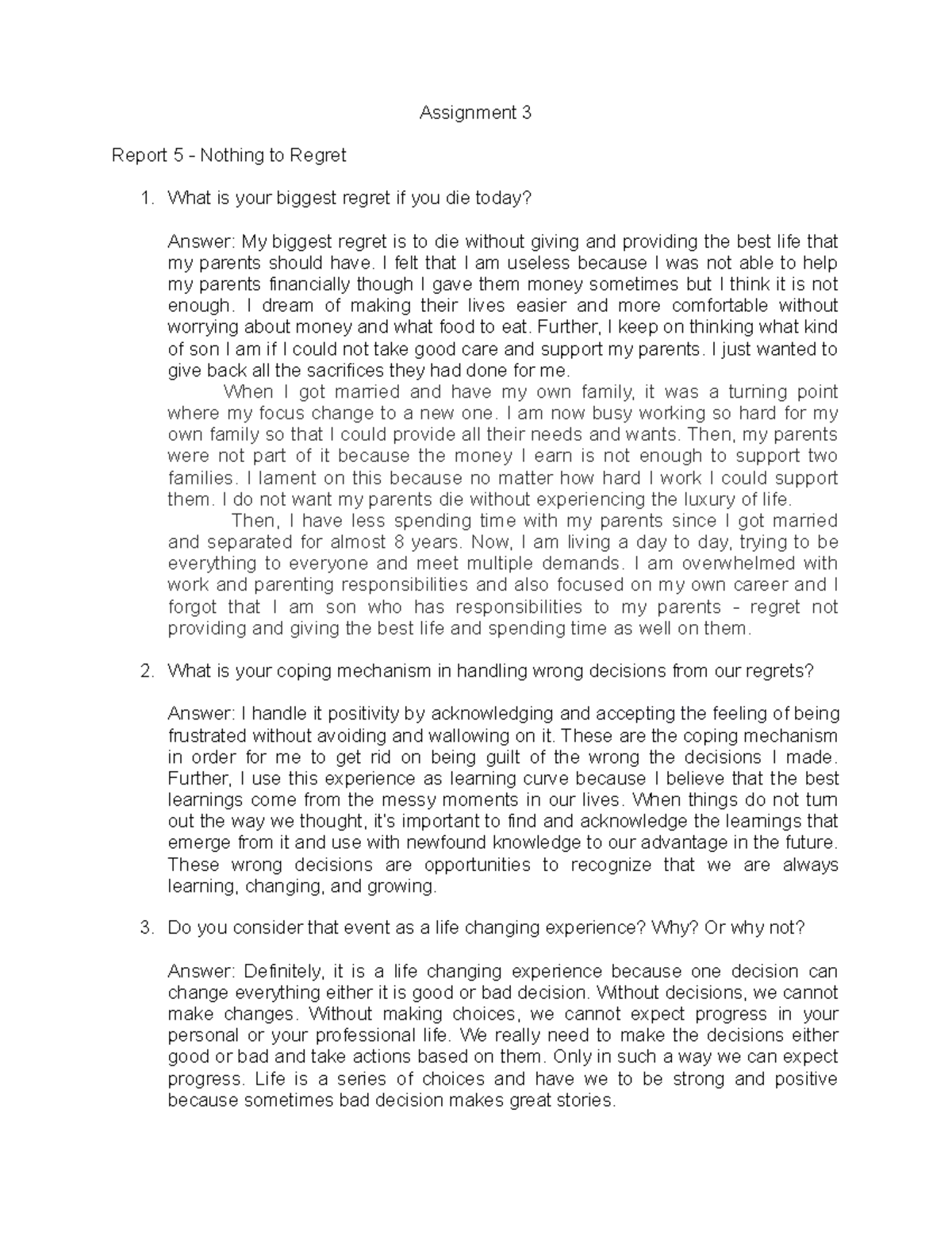 Assignment on Nothing to Regret and Servant Leadership - Assignment 3 ...