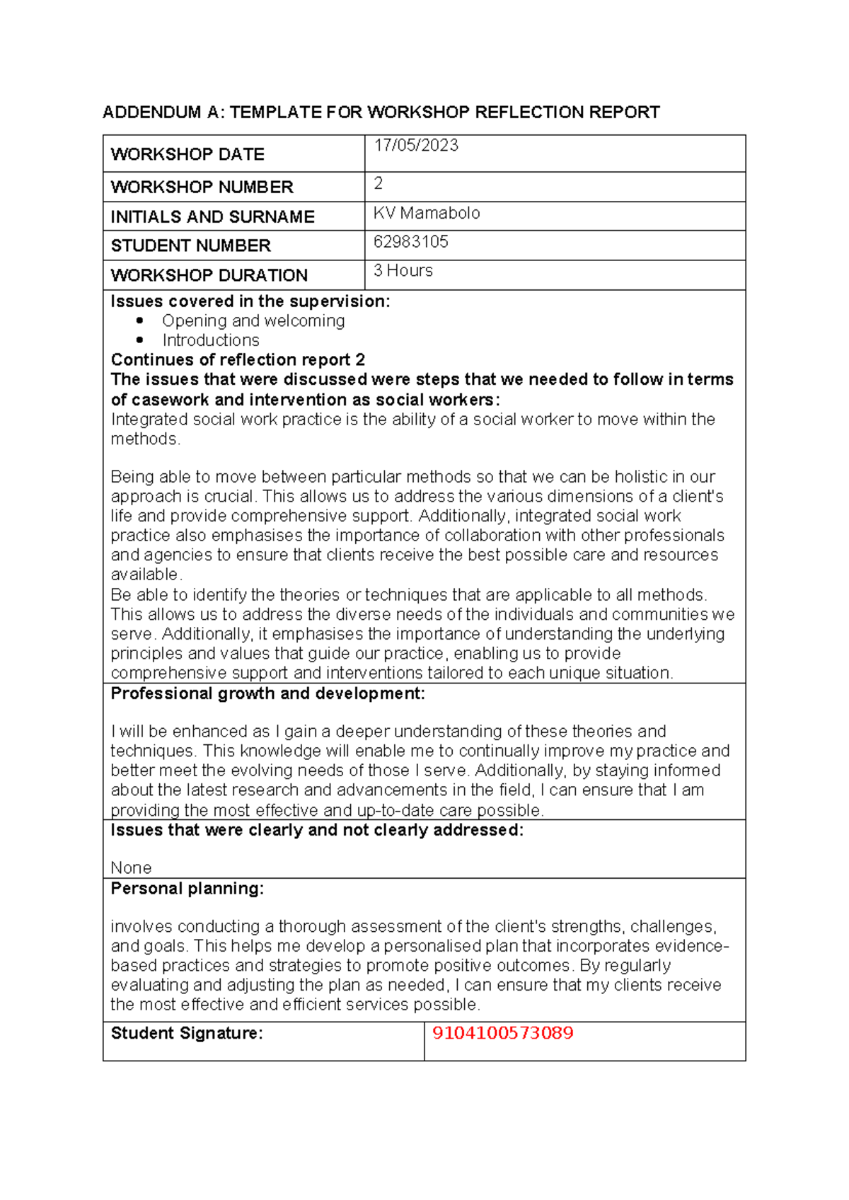 Workshop reflection report 2 - ADDENDUM A: TEMPLATE FOR WORKSHOP ...