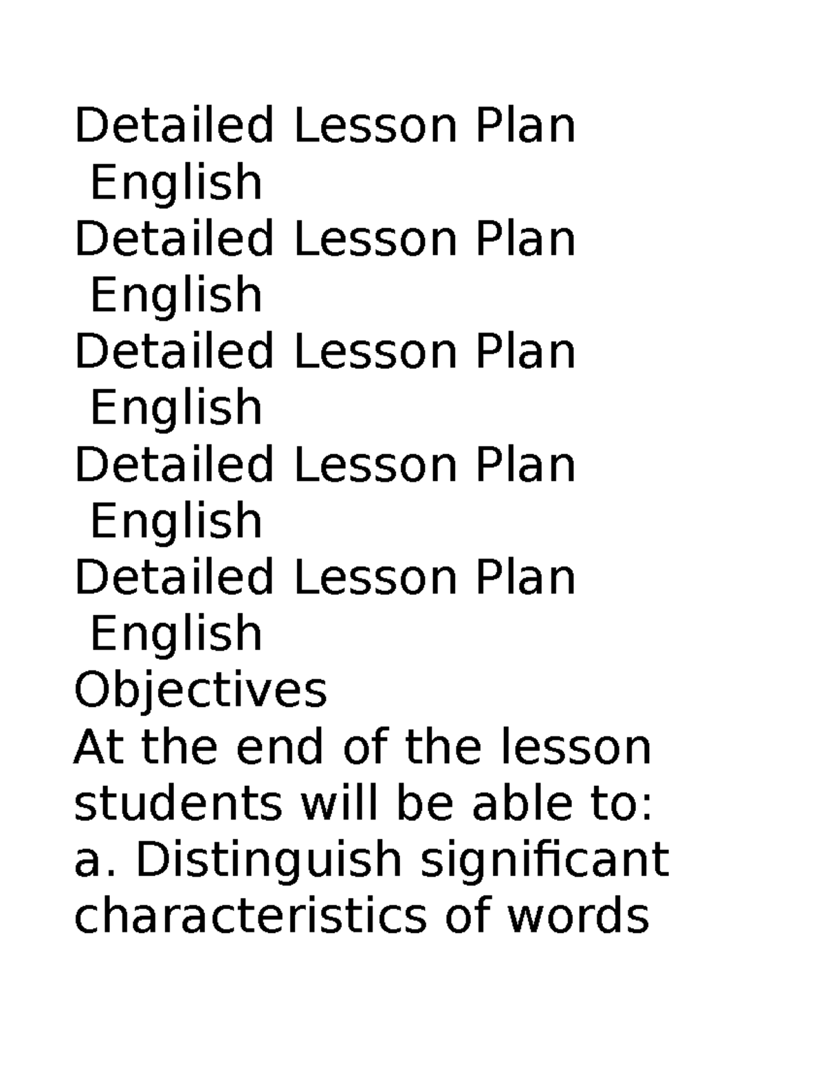 Detailed Lesson Plan - Elementary level - Detailed Lesson Plan English ...