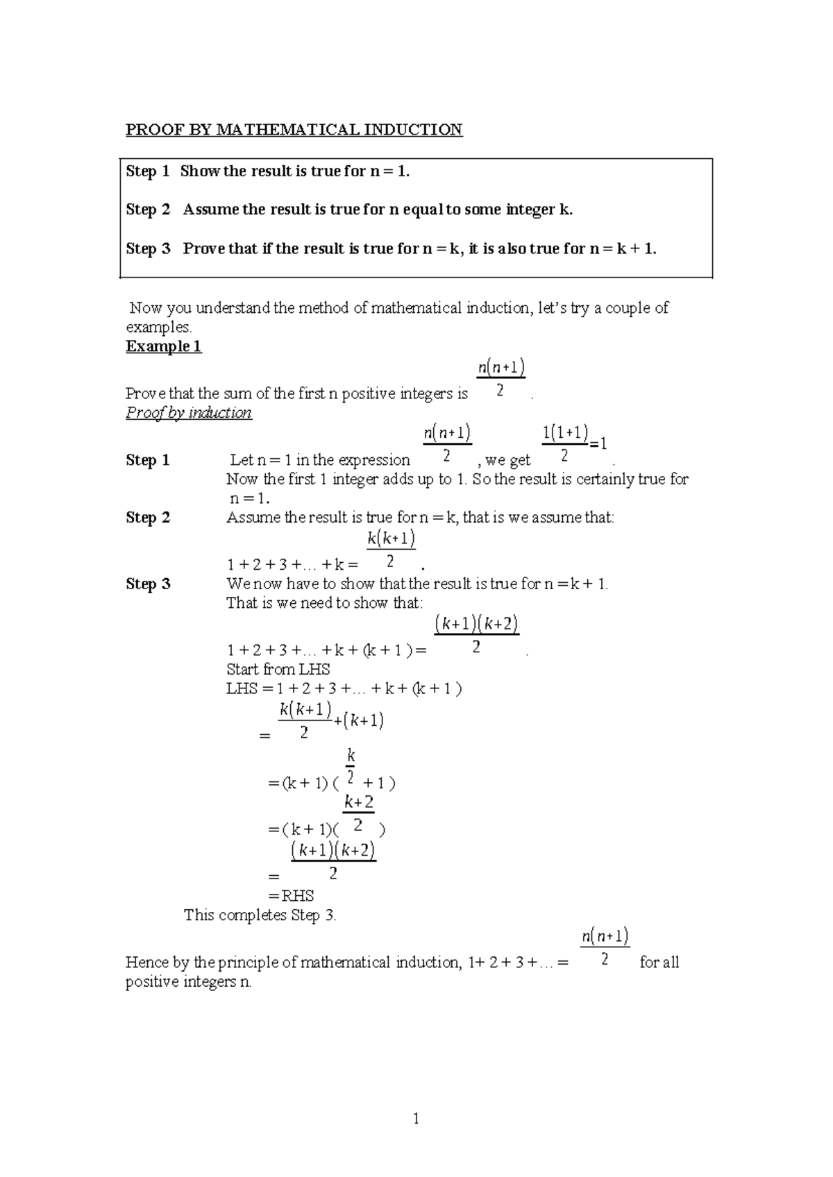Proof by Mathematical Induction - PROOF BY MATHEMATICAL INDUCTION Step ...