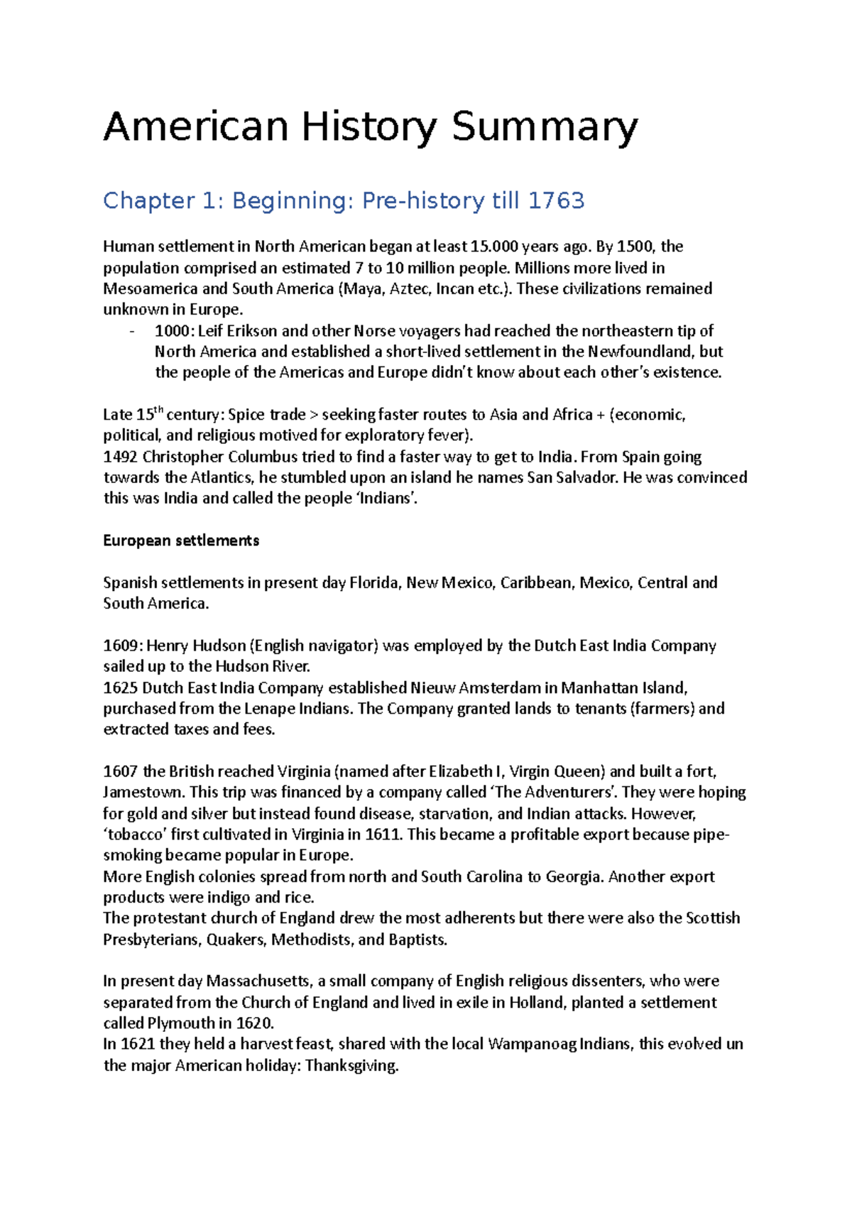 American History Summary - American History Summary Chapter 1 ...