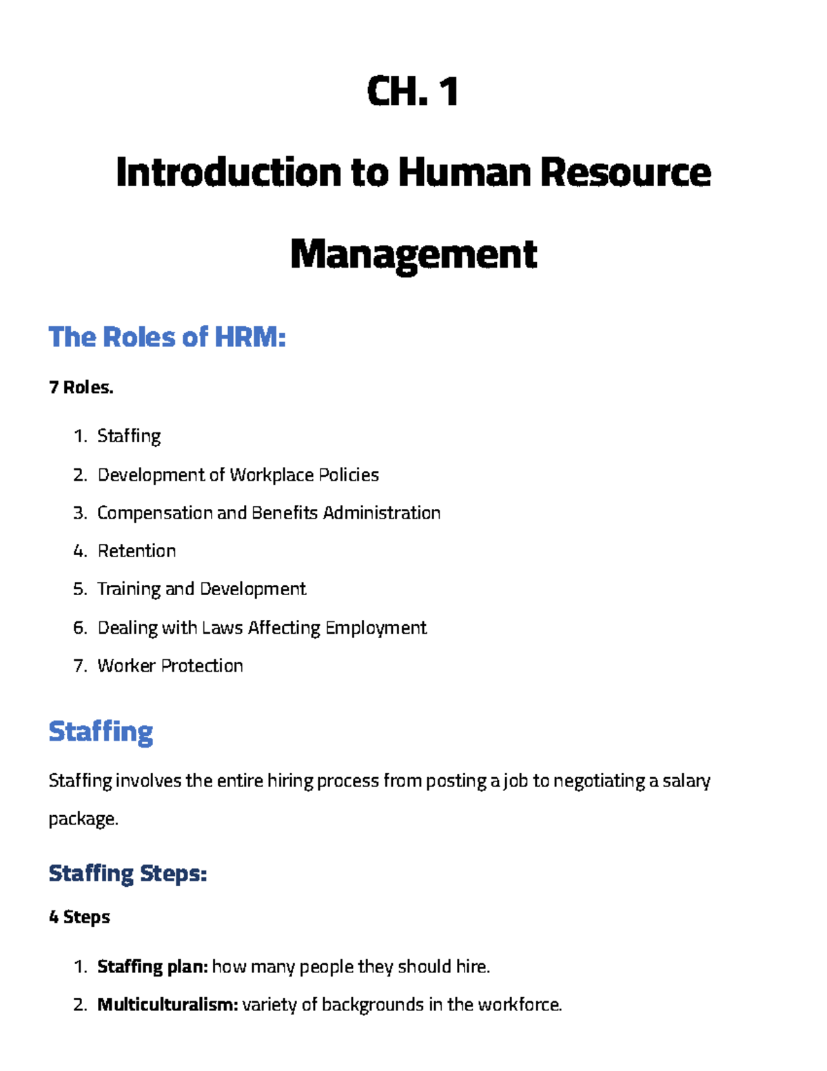 HRM Summary - CH. 1 Introduction to Human Resource Management The Roles ...