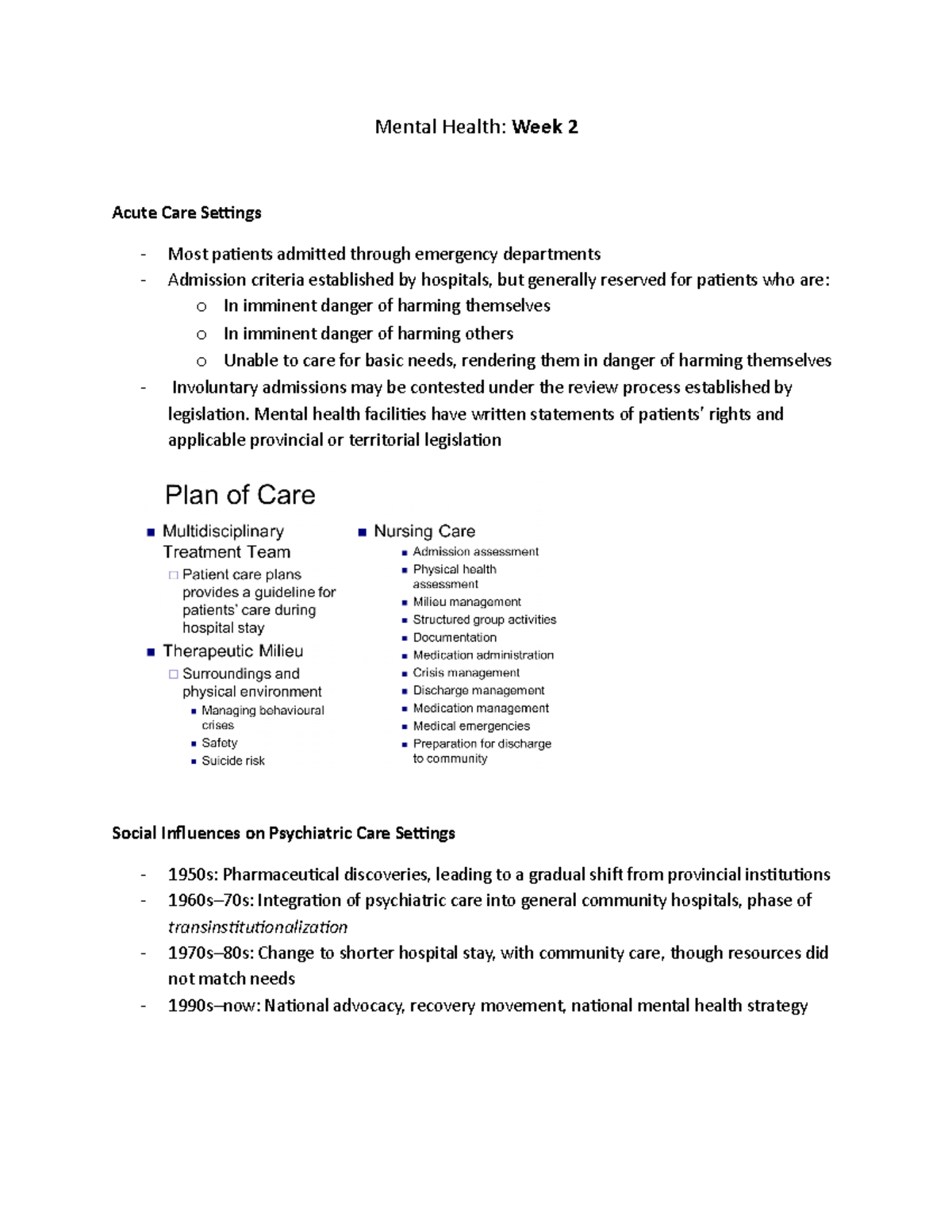 Week 2 - Acute Care Settings - Mental Health: Week 2 Acute Care ...