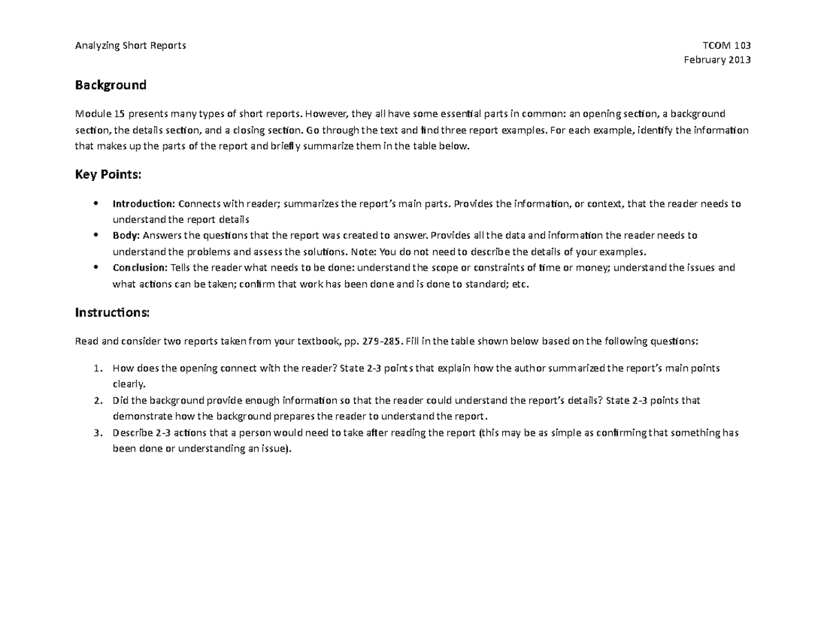 Report comparison - Analyzing Short Reports TCOM 103 February 2013 ...