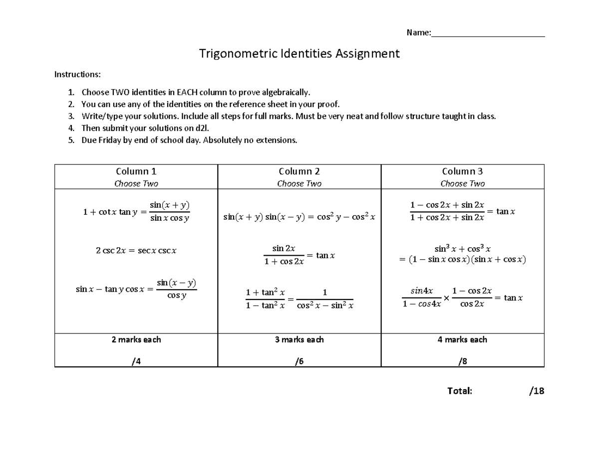 MHF Trigonometric Identities Assignment - Name:_________________________ Trigonometric ...