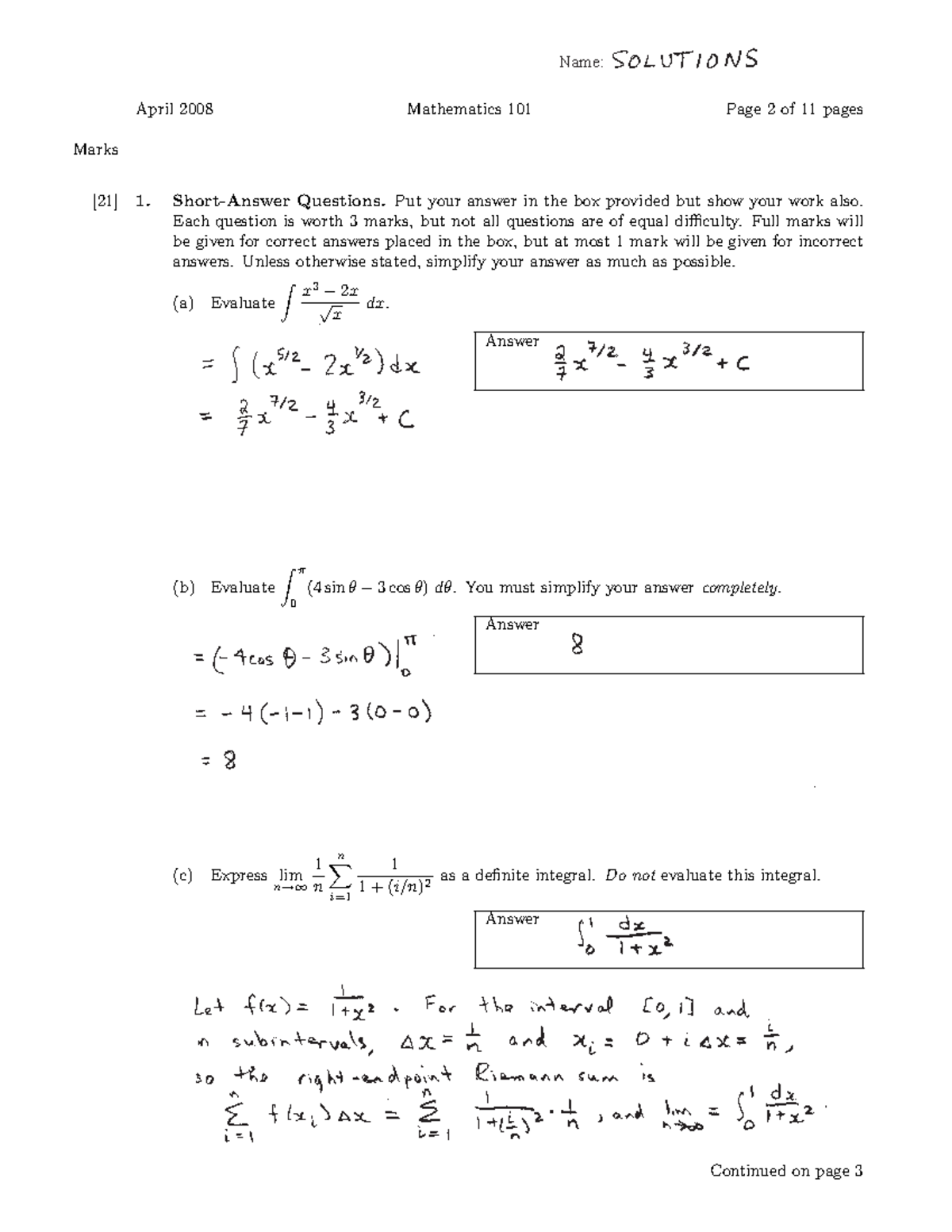 Ma101Final 2008 solns - math - April 2008 Mathematics 101 Page 2 of 11 ...